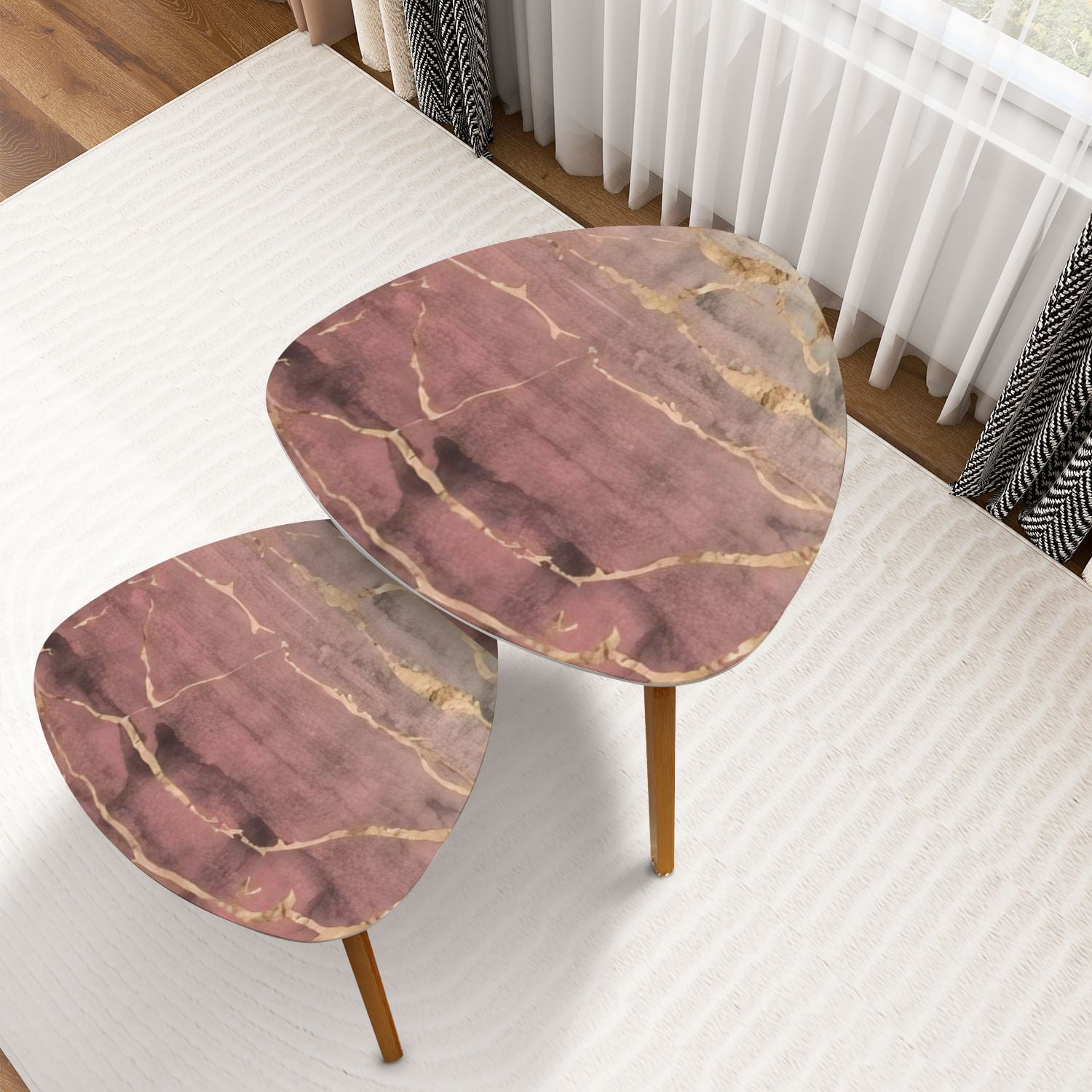 Triangle Nesting Coffee Table Set of 2 Rose gold marble design overlaid ...