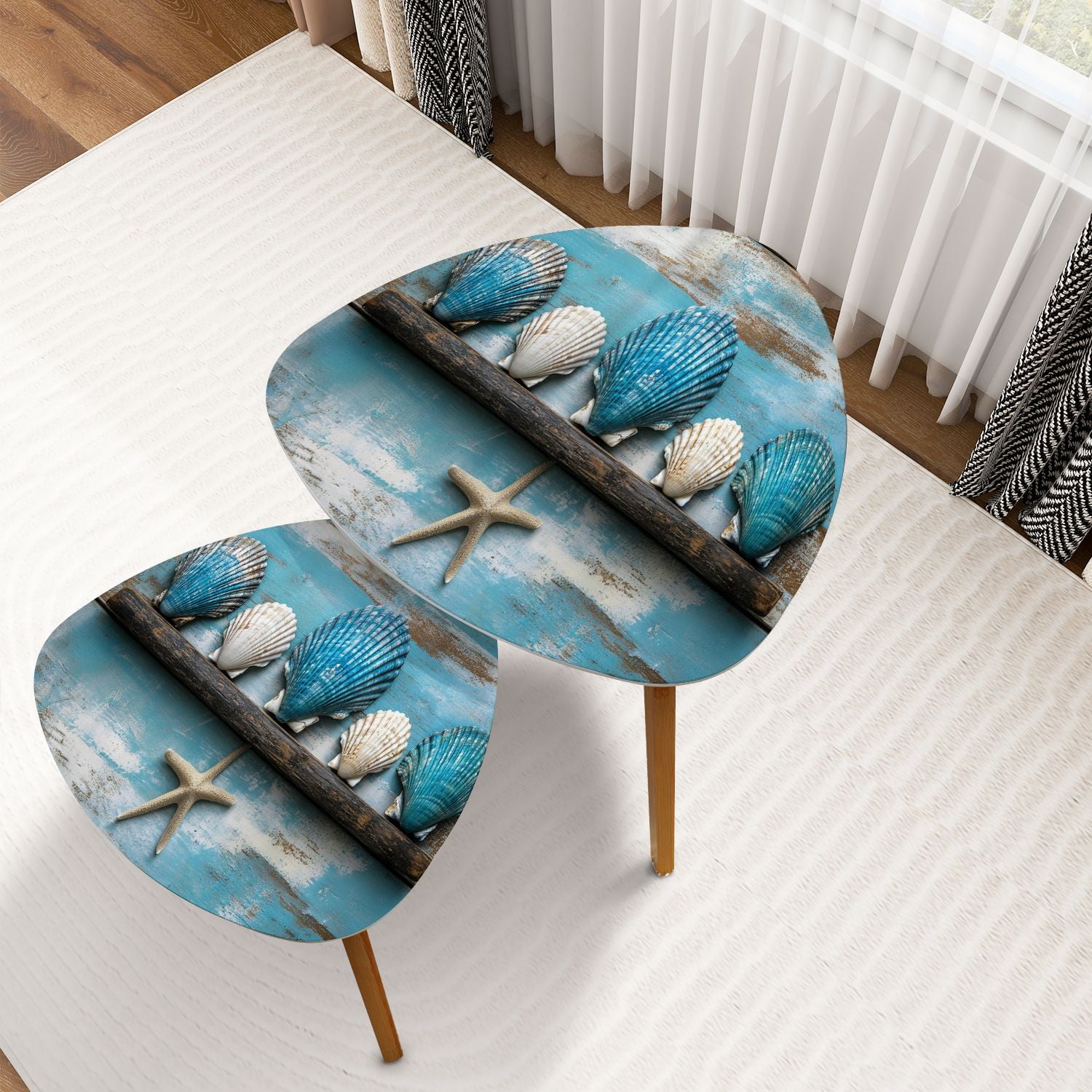 Triangle Nesting Coffee Table Set of 2 Rustic Seashell Beach Coastal ...