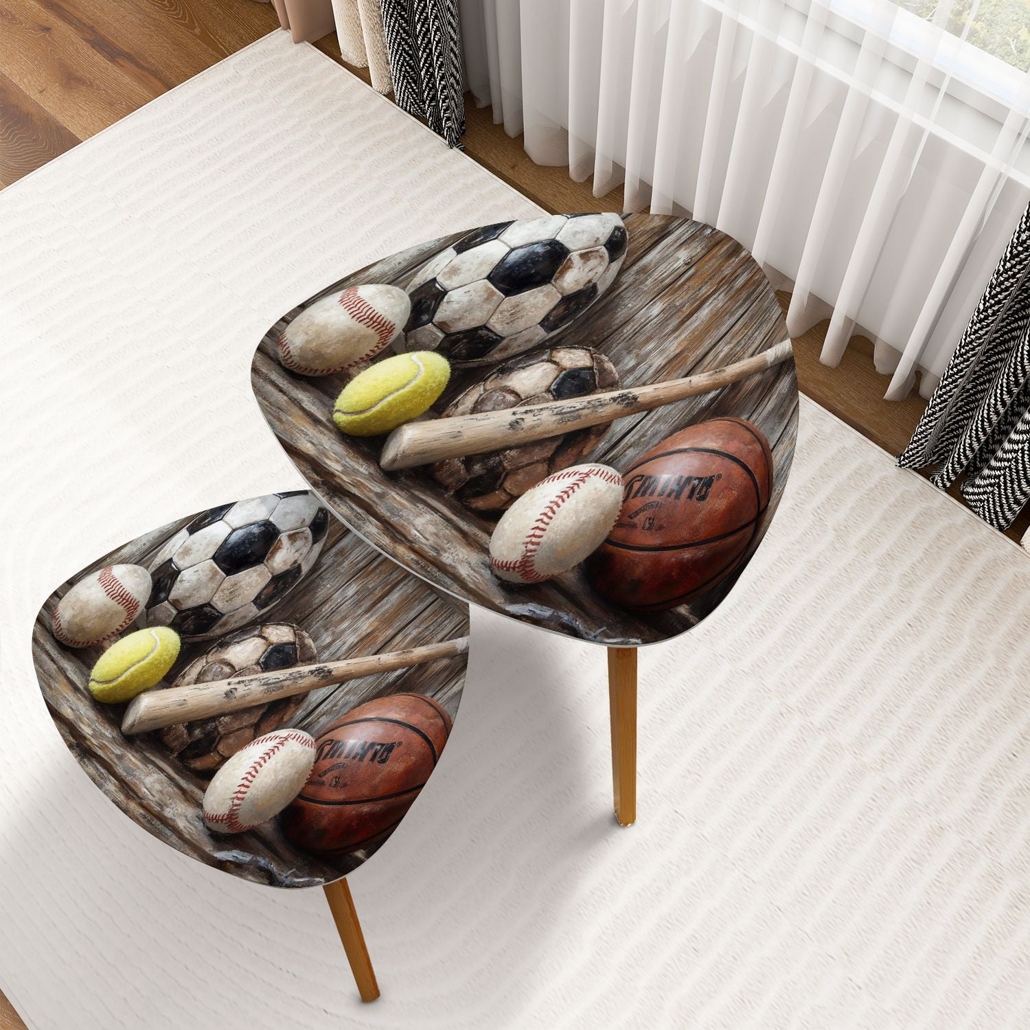Triangle Nesting Coffee Table Set of 2 Rustic Soccer Football Baseball ...