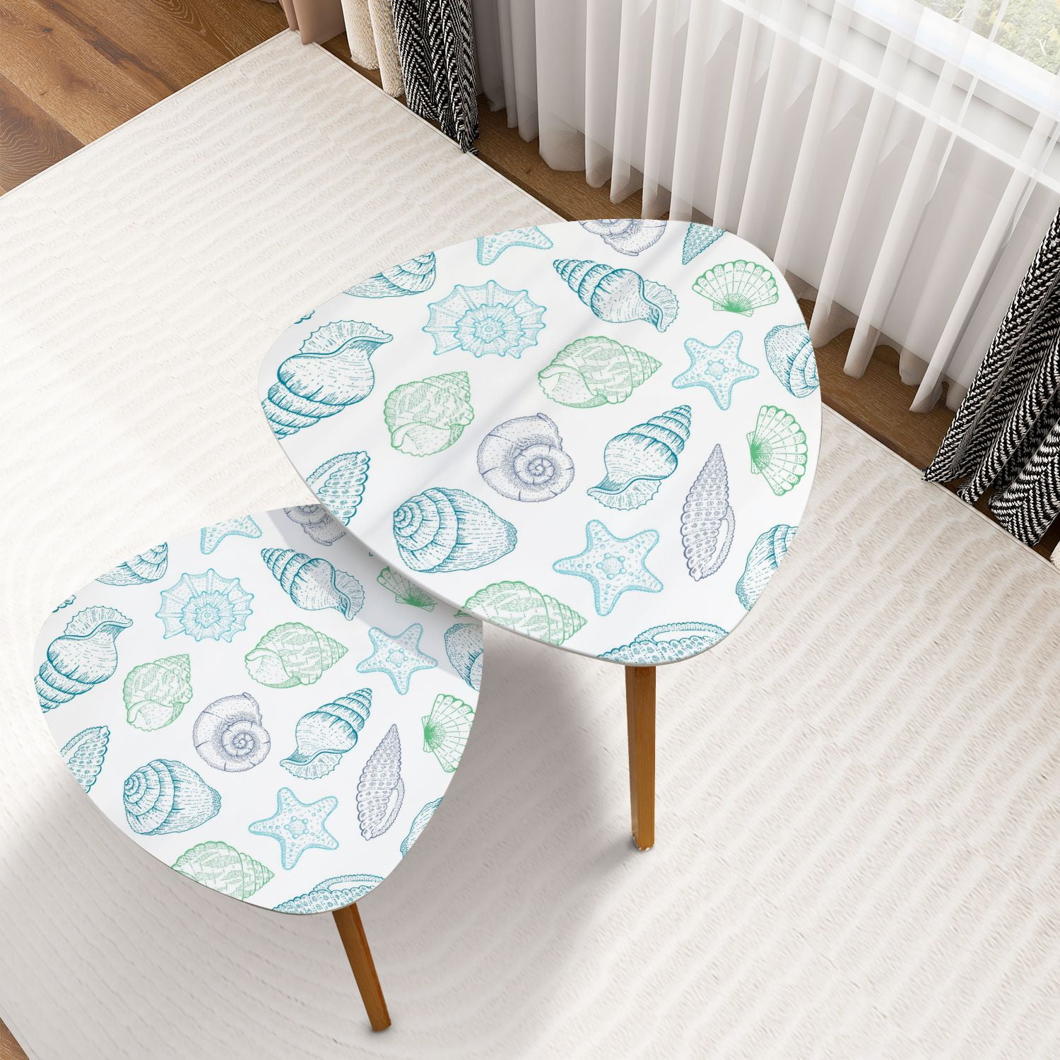 Triangle Nesting Coffee Table Set of 2 Sea Shell Pattern Seashell ...