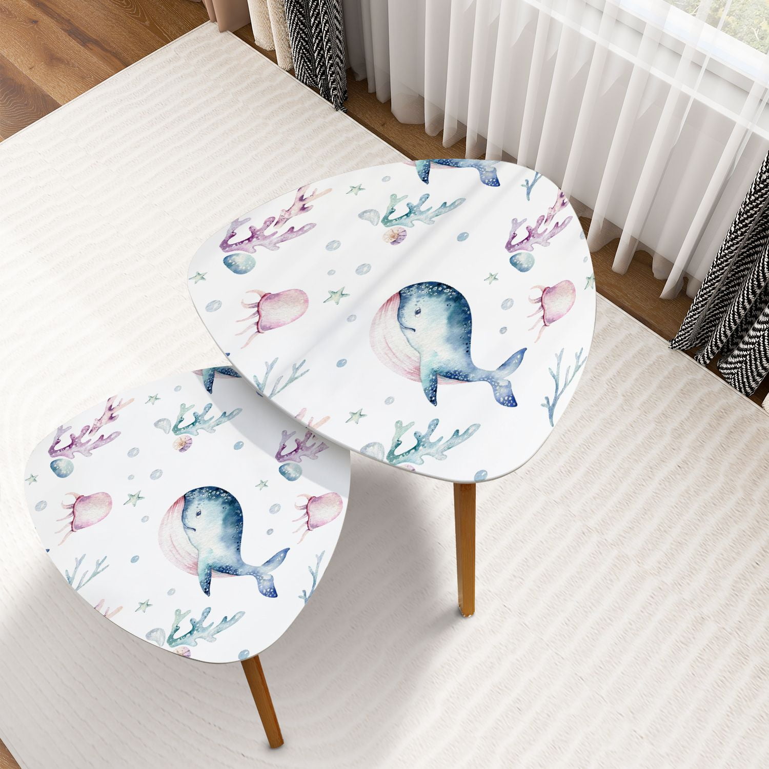 Triangle Nesting Coffee Table Set of 2 Sea animals blue watercolor ...