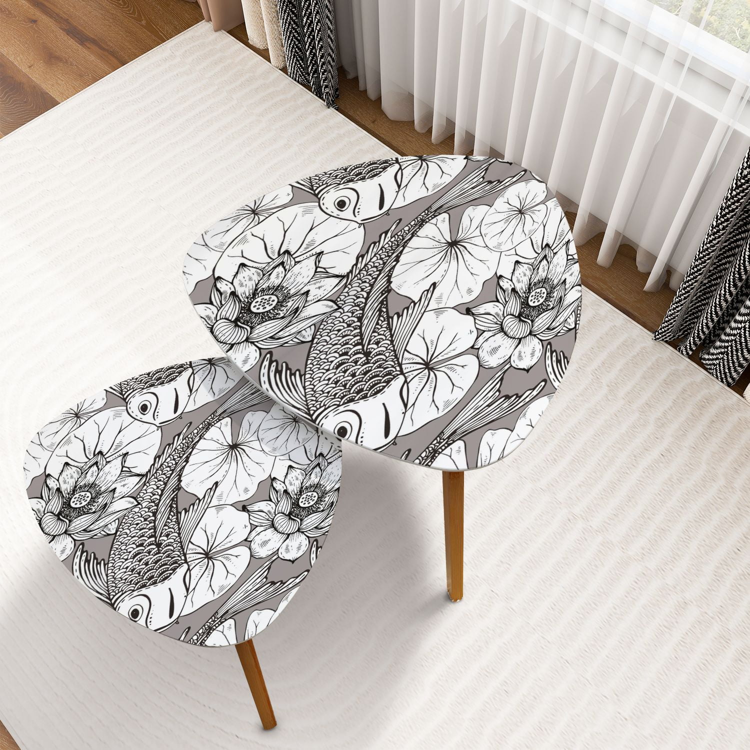 Triangle Nesting Coffee Table Set of 2 Seamless hand drawn Koi fish ...
