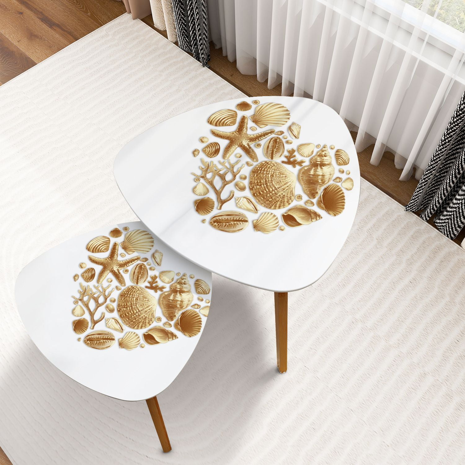 Triangle Nesting Coffee Table Set of 2 Set gold seashells starfish ...