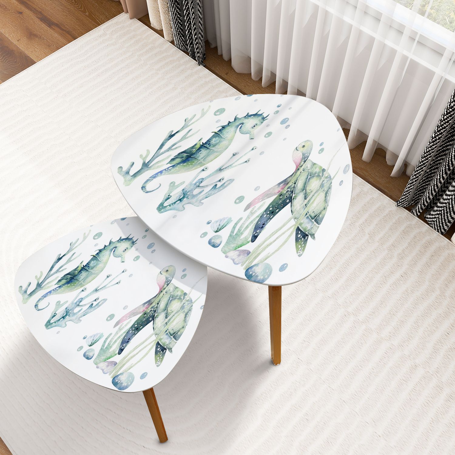 Triangle Nesting Coffee Table Set of 2 Set sea animals Blue watercolor ...