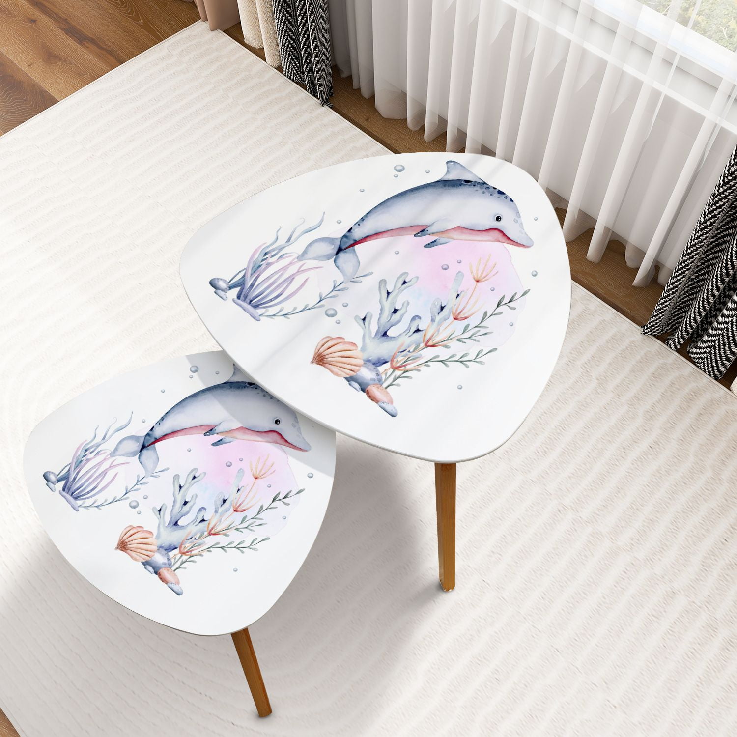 Triangle Nesting Coffee Table Set of 2 Set sea animals Blue watercolor ...