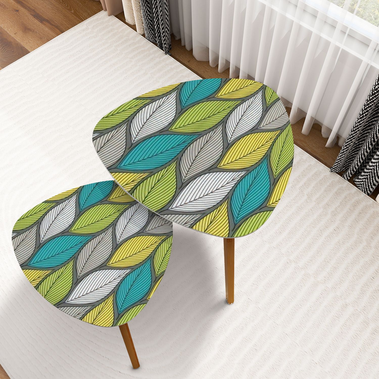 Triangle Nesting Coffee Table Set of 2 Stylized colorful leaves ...