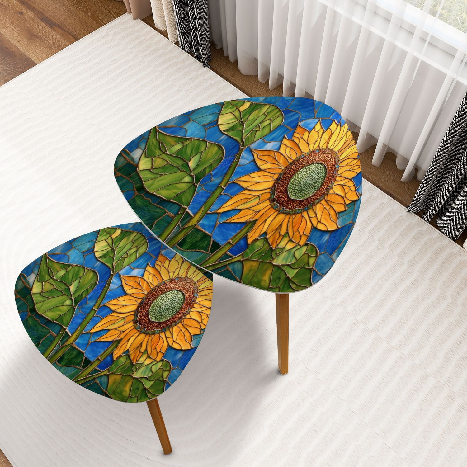 Triangle Nesting Coffee Table Set of 2 Sunflower Stained Glass Green ...