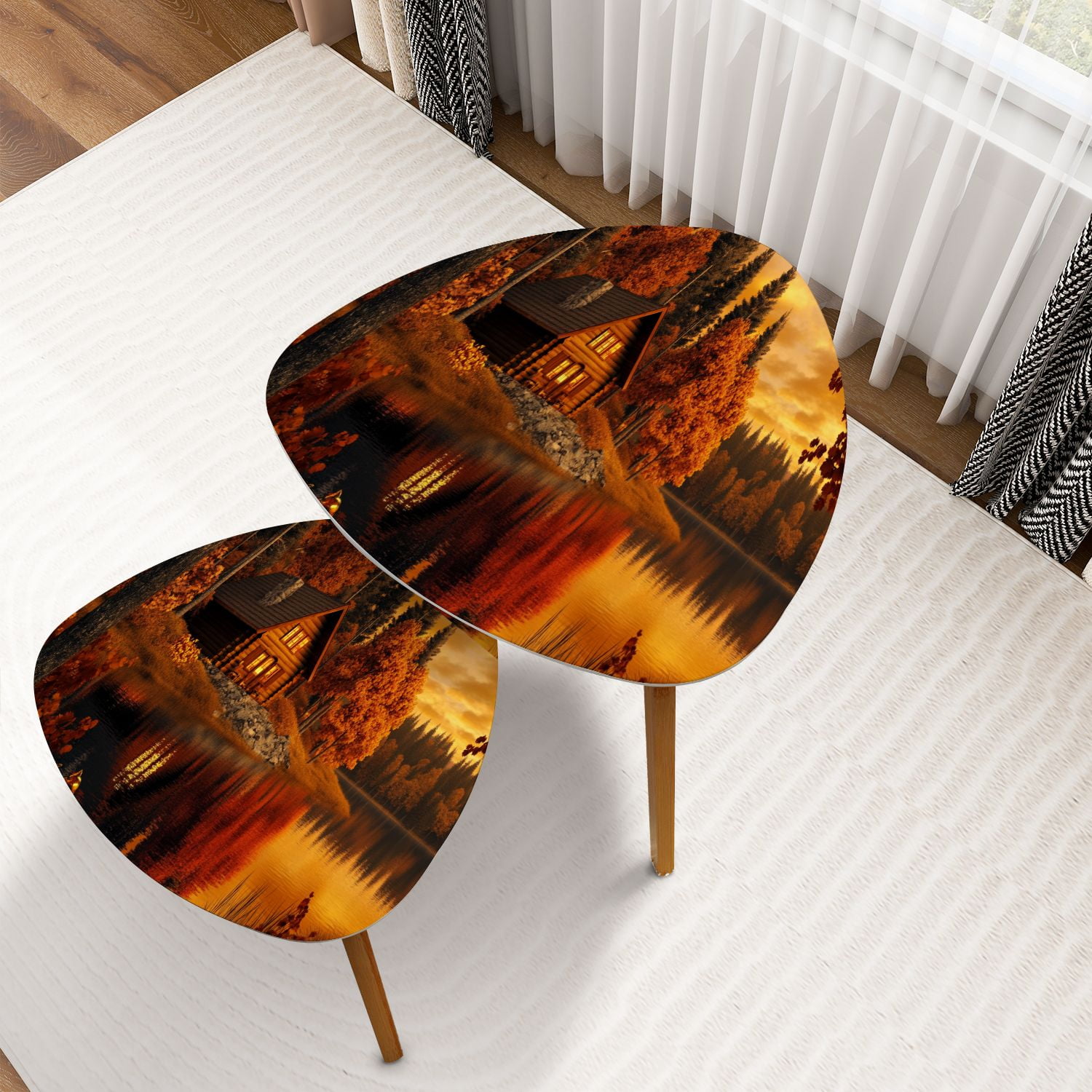 Triangle Nesting Coffee Table Set of 2 Sunset Wooden Cabin Autumn Trees ...
