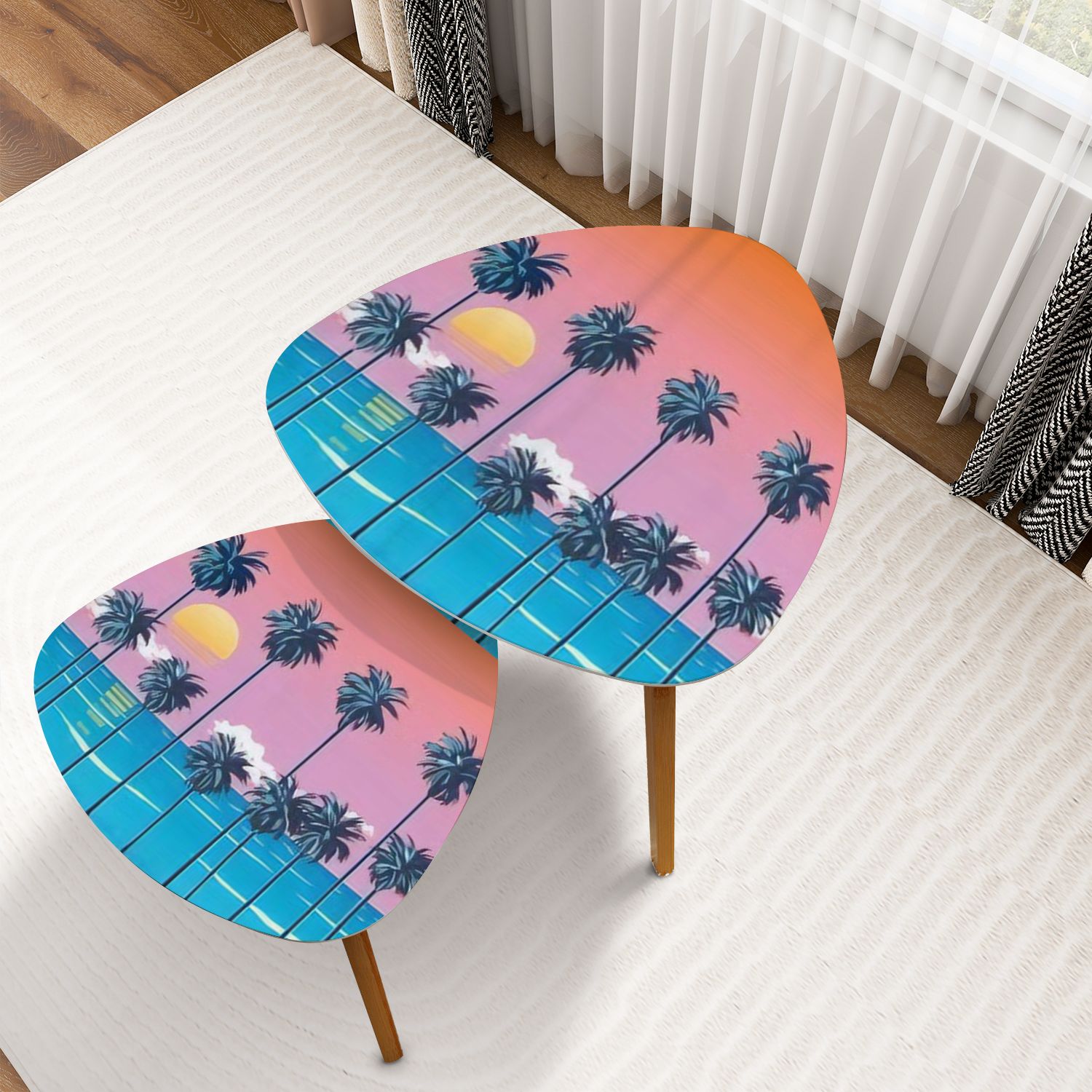 Triangle Nesting Coffee Table Set of 2 Sunset beach palm trees ...