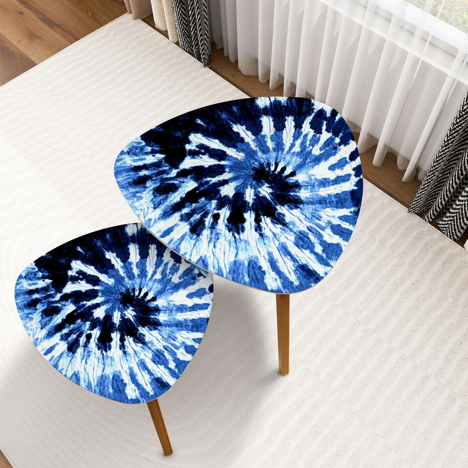 Triangle Nesting Coffee Table Set of 2 Tie dye Hand drawn blue indigo ...