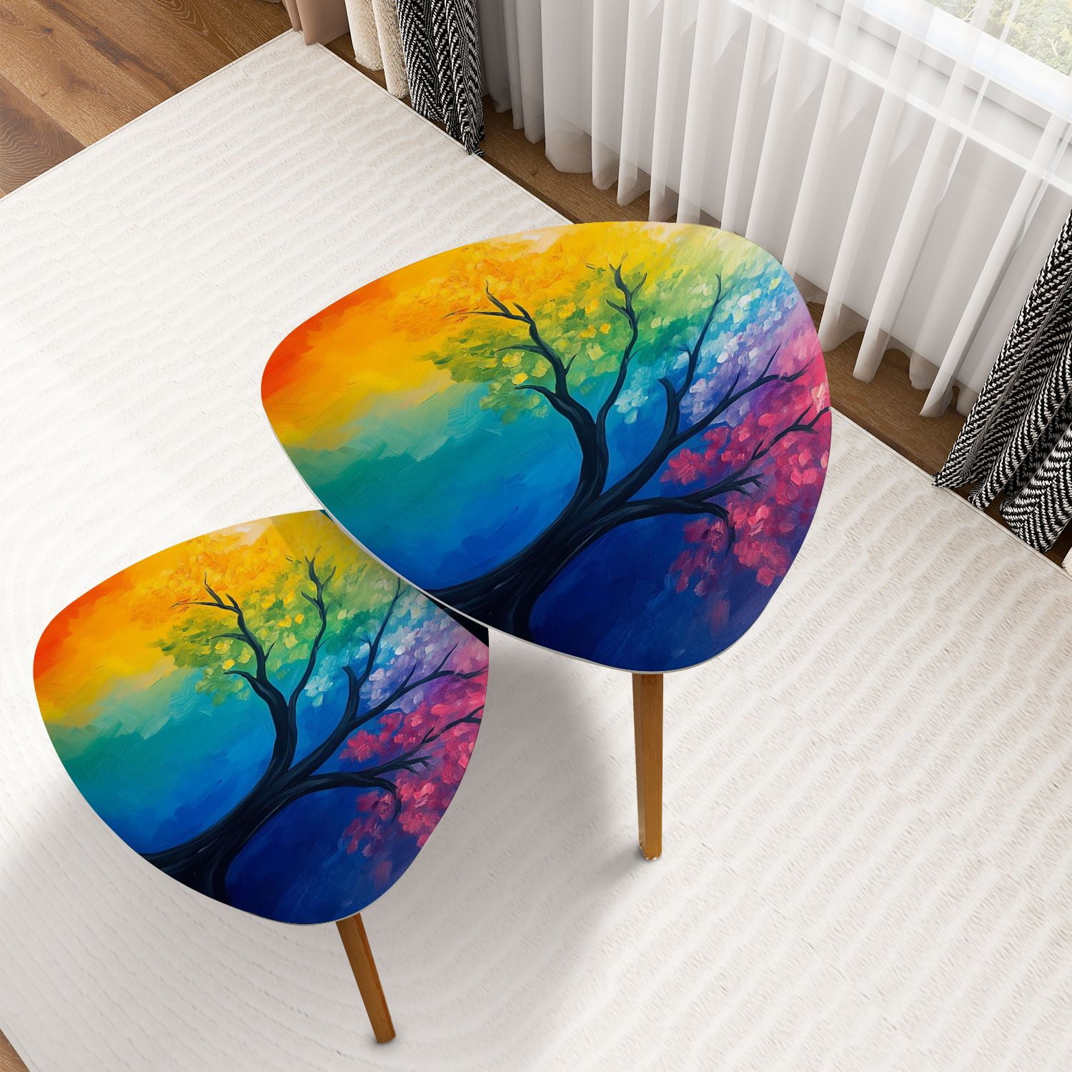 Triangle Nesting Coffee Table Set of 2 Tree Art Colorful Rainbow Leaves ...