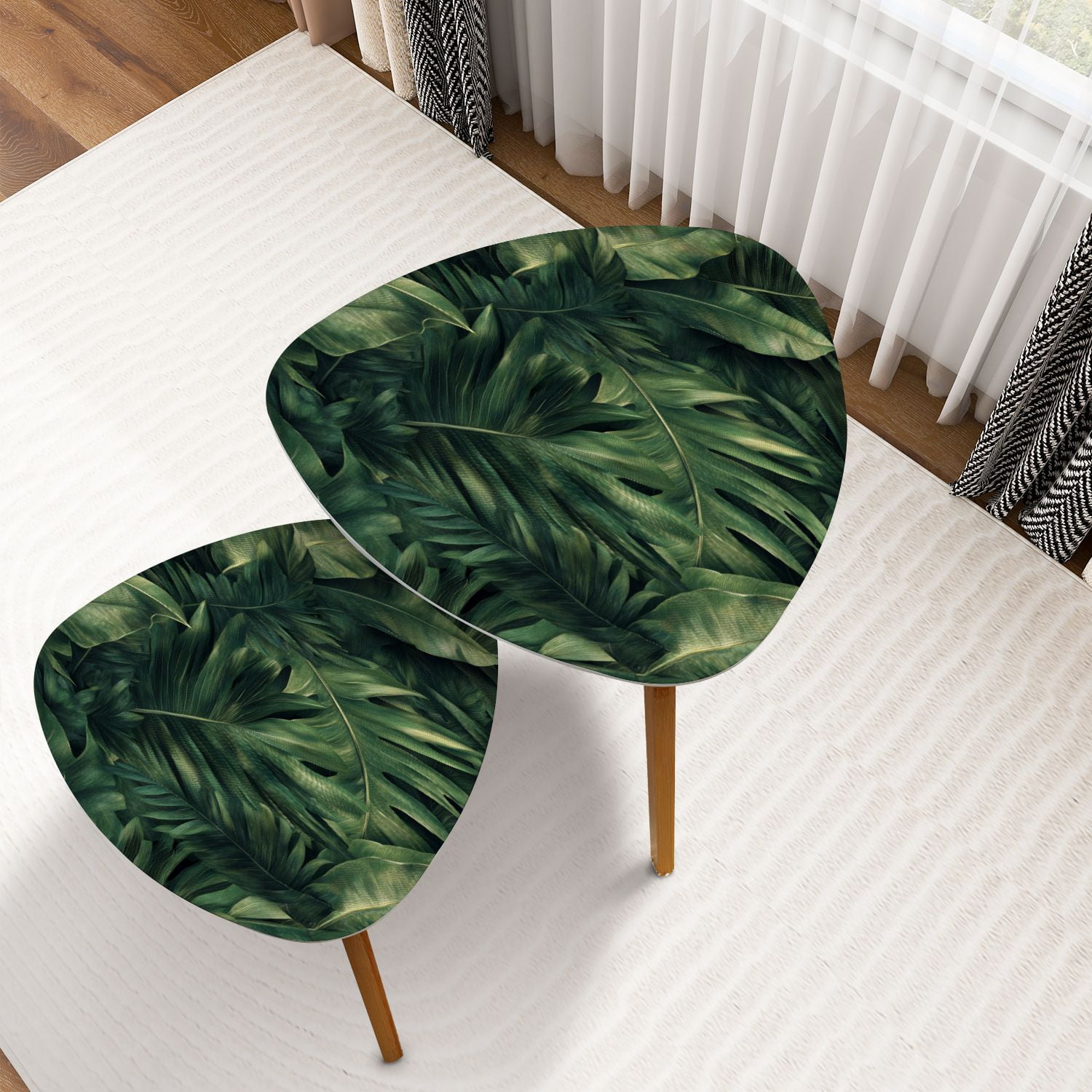 Triangle Nesting Coffee Table Set of 2 Tropical Palm Leaf Green Banana Leaves Large Monstera ...