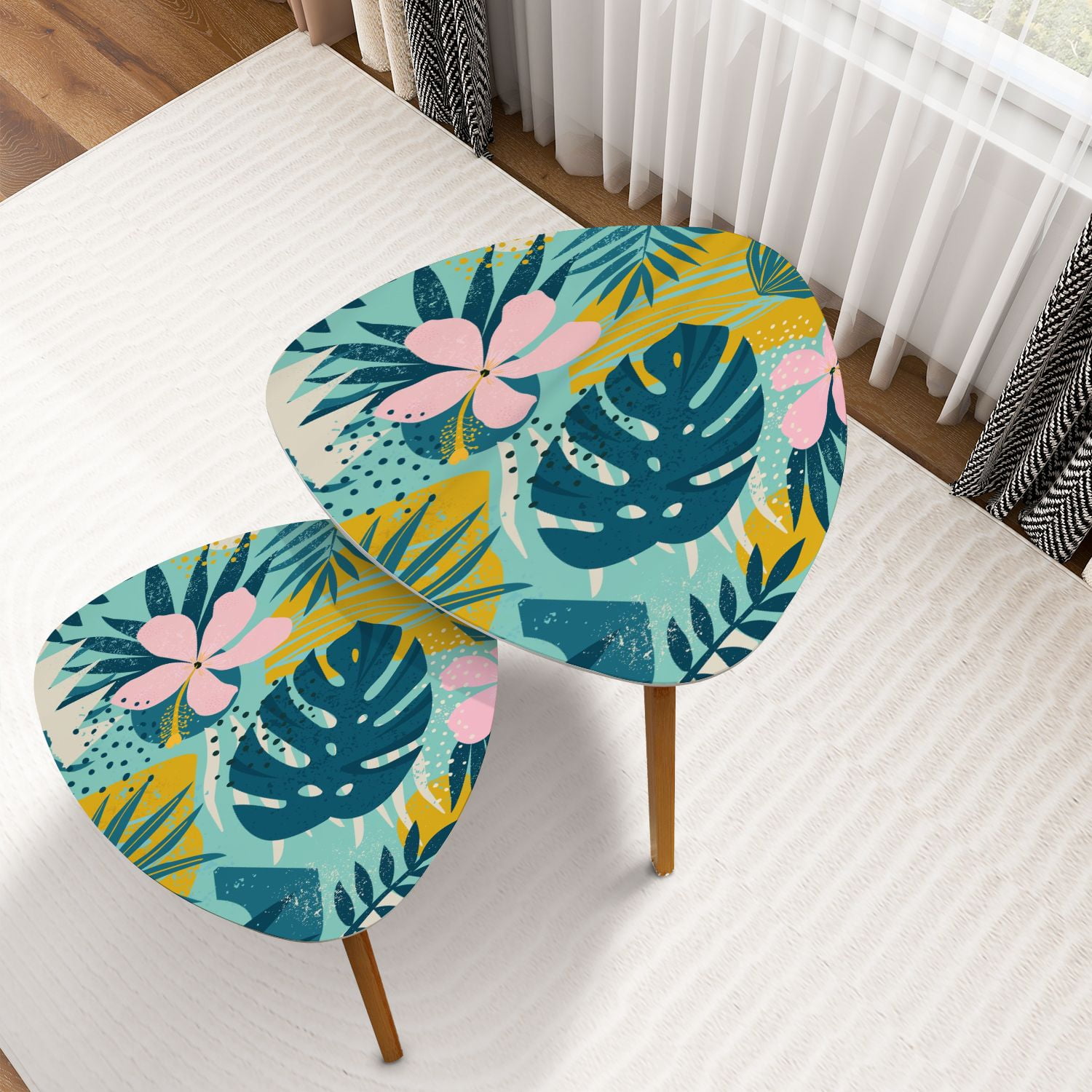 Triangle Nesting Coffee Table Set of 2 Tropical flowers Mid Century Modern Art Future Abstract ...