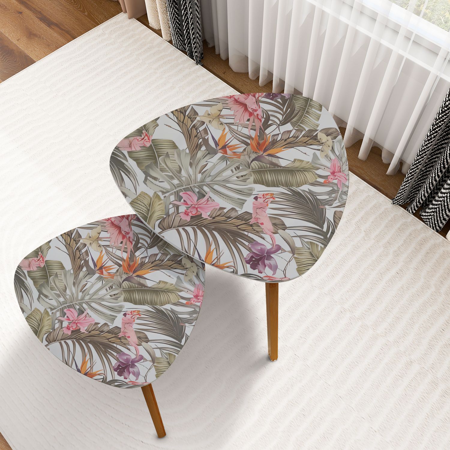 Triangle Nesting Coffee Table Set of 2 Tropical flowers palm leaves ...