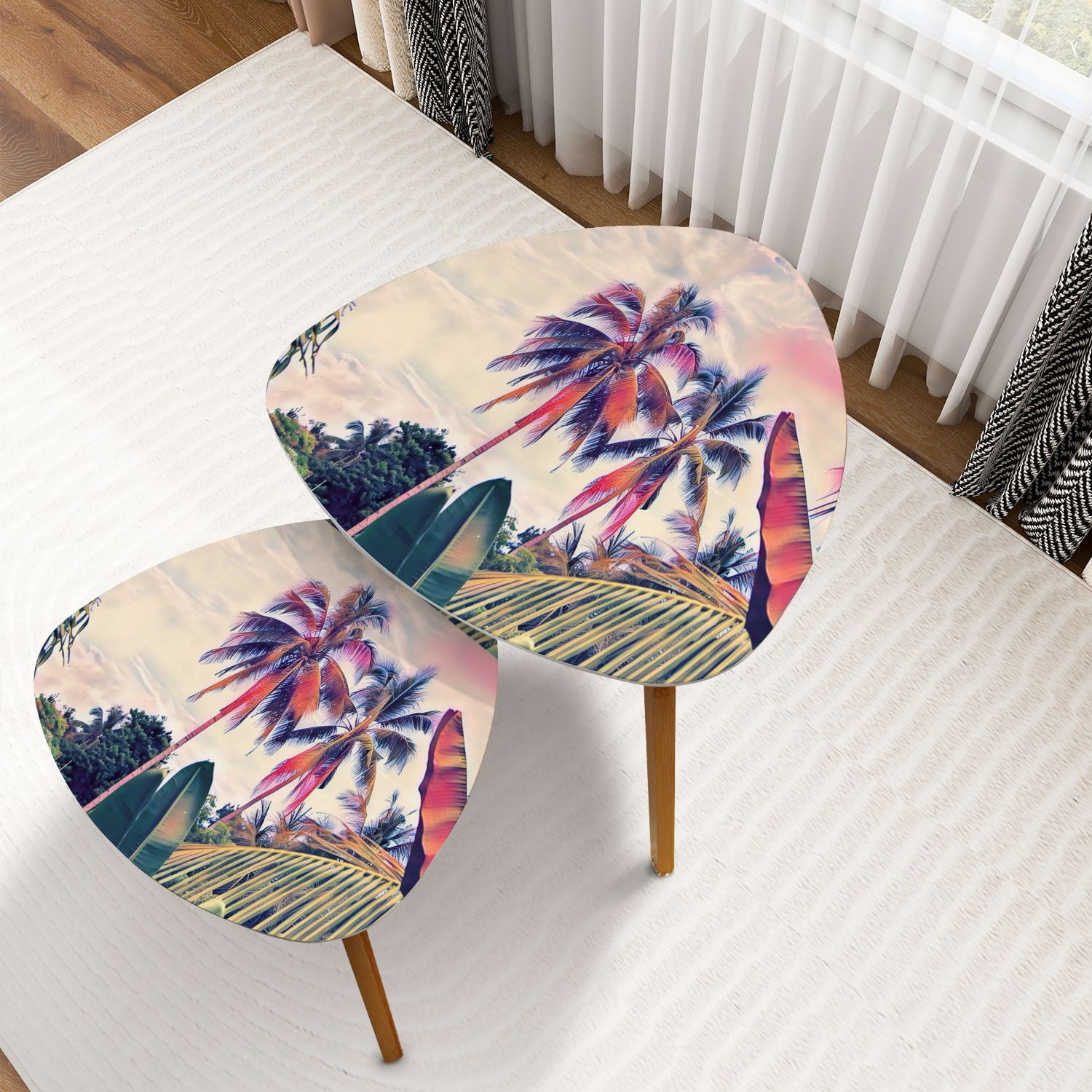 Triangle Nesting Coffee Table Set of 2 Tropical garden sky scene Sunset ...