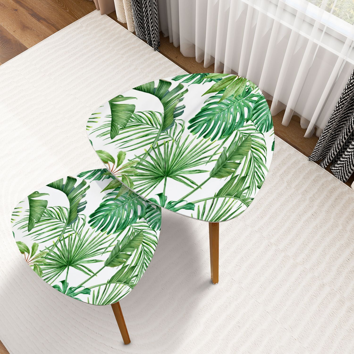 Triangle Nesting Coffee Table Set of 2 Tropical leaves Monstera strelitzia palms Watercolor ...