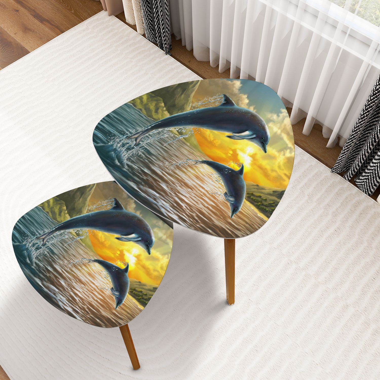 Triangle Nesting Coffee Table Set of 2 Two dolphins jumping out sea ...