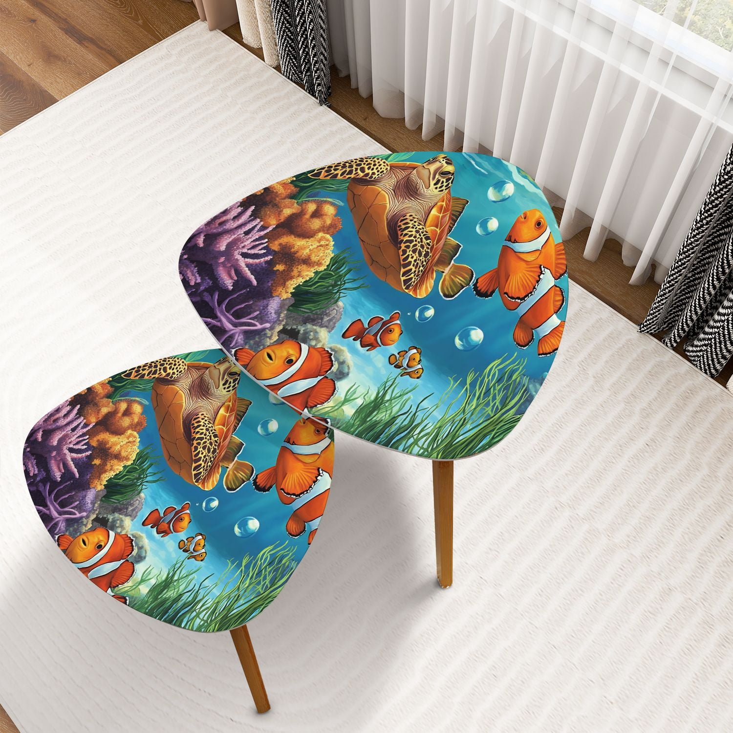 Triangle Nesting Coffee Table Set of 2 Undersea Underwater World Turtle ...