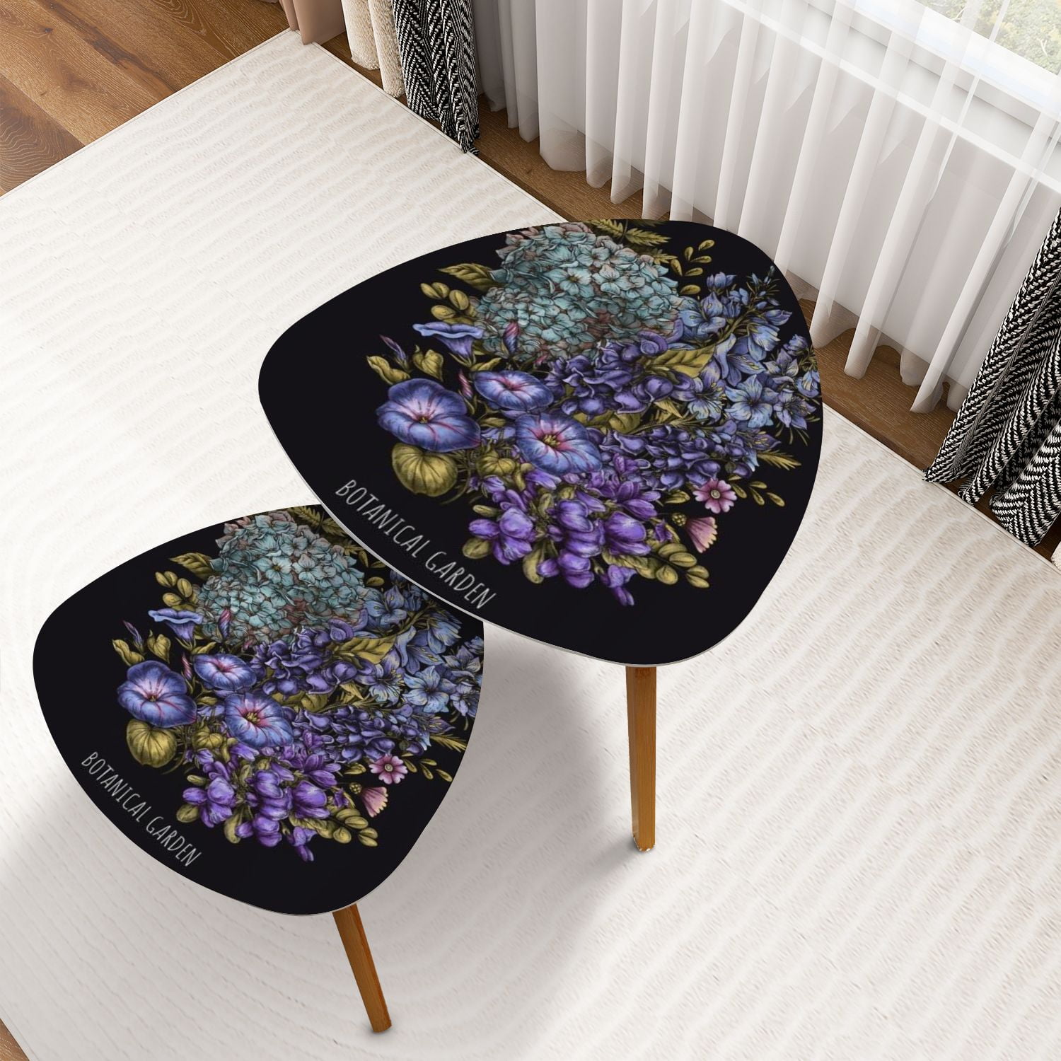 Triangle Nesting Coffee Table Set of 2 Vintage Botanical Blue Flowers Greeting Ferns Moths ...
