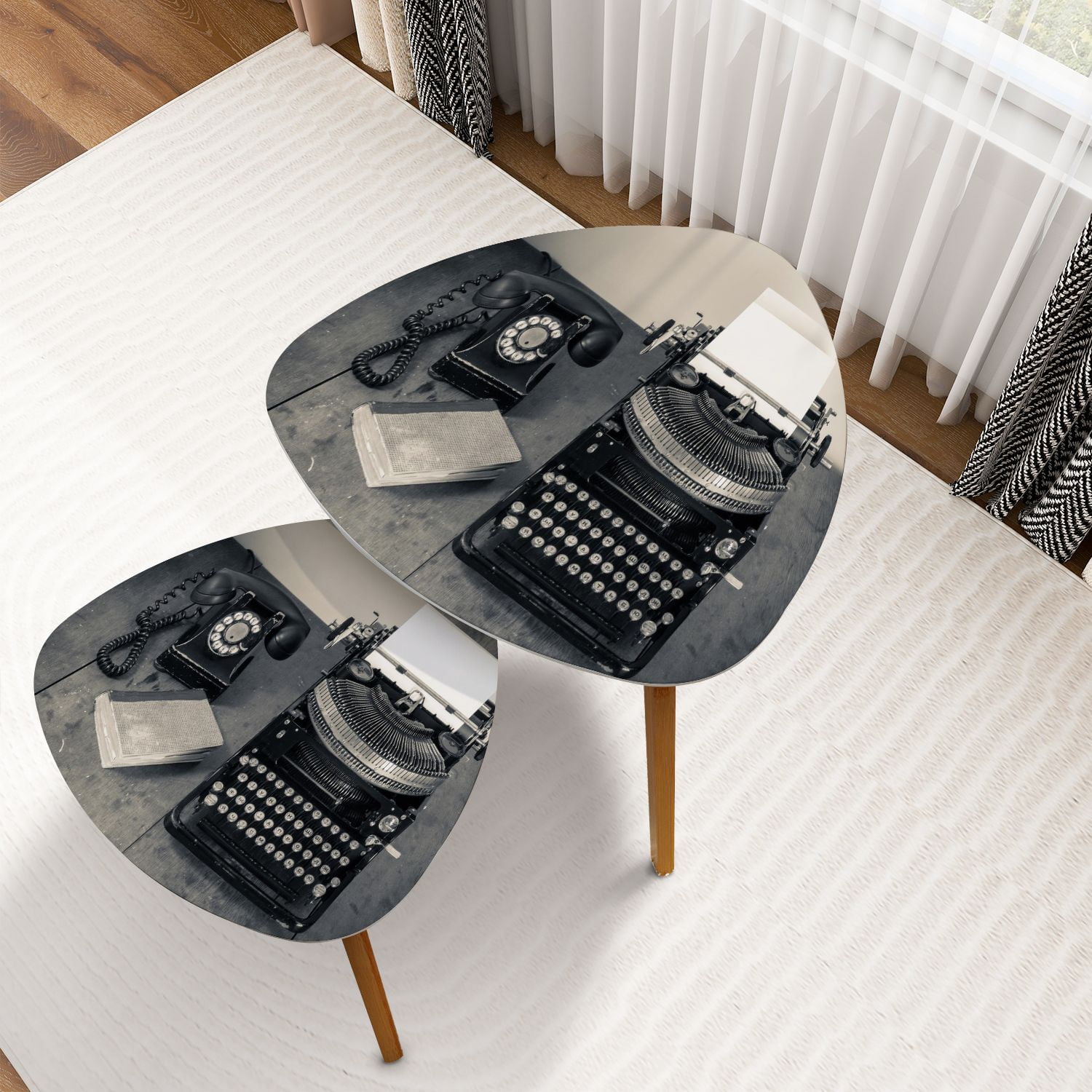 Triangle Nesting Coffee Table Set of 2 Vintage typewriter telephone old ...