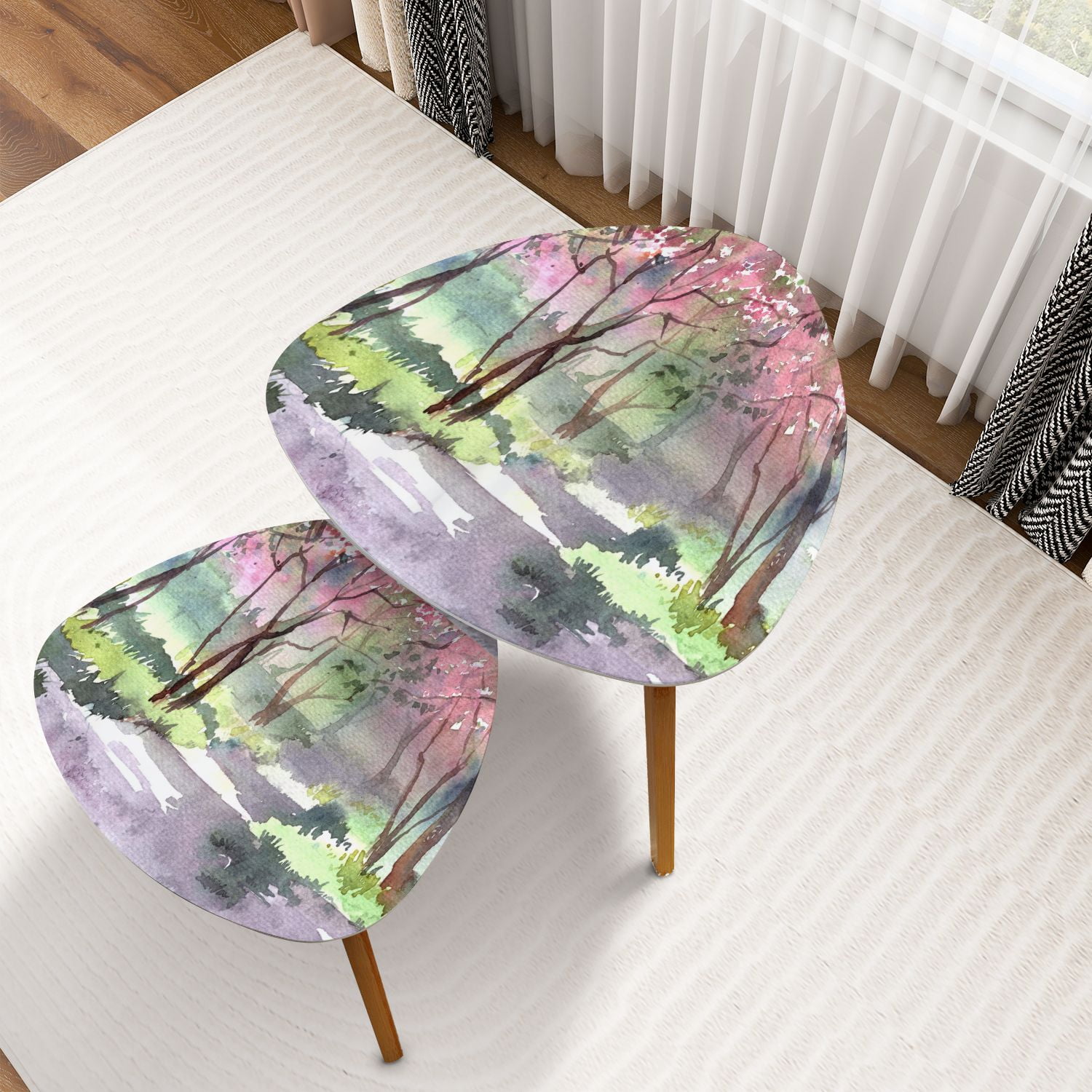 Triangle Nesting Coffee Table Set of 2 Watercolor blooming trees park ...