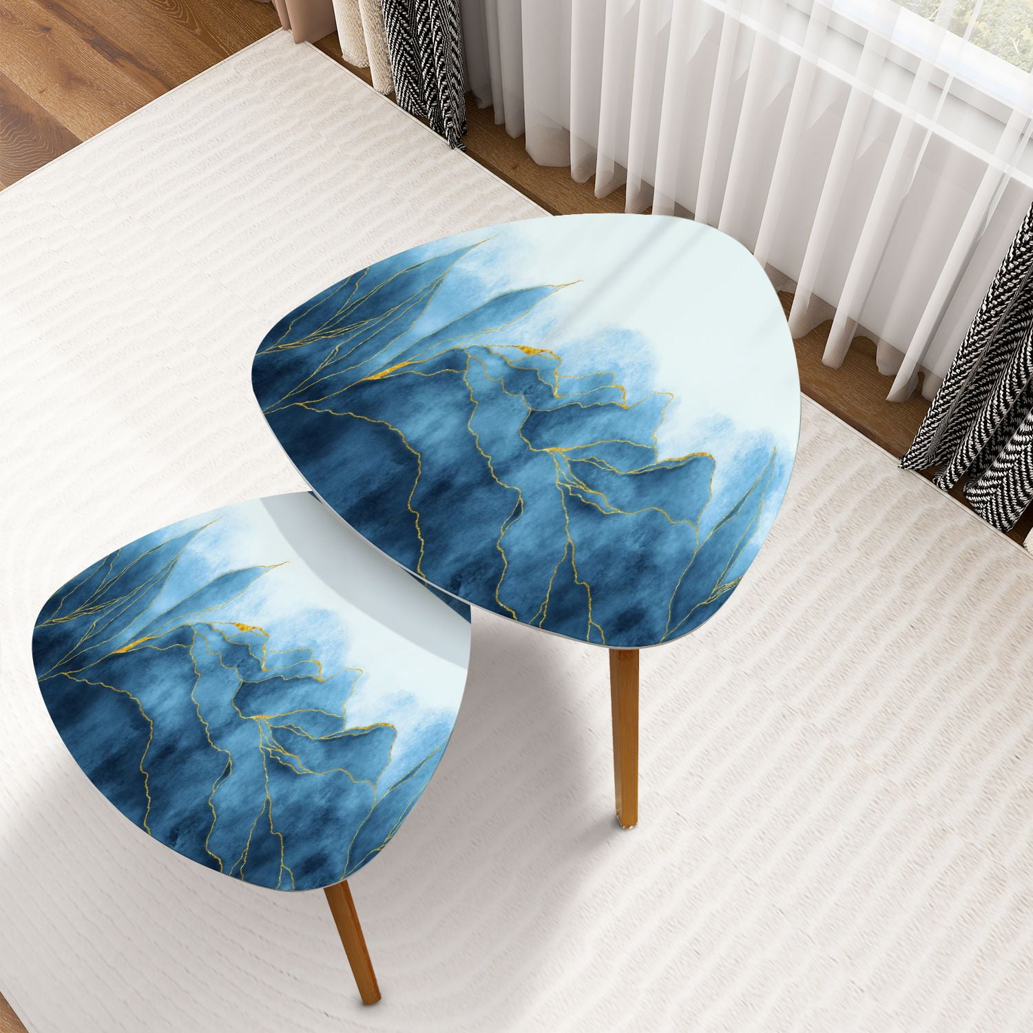 Triangle Nesting Coffee Table Set of 2 Watercolor drawn by brush Blue ...