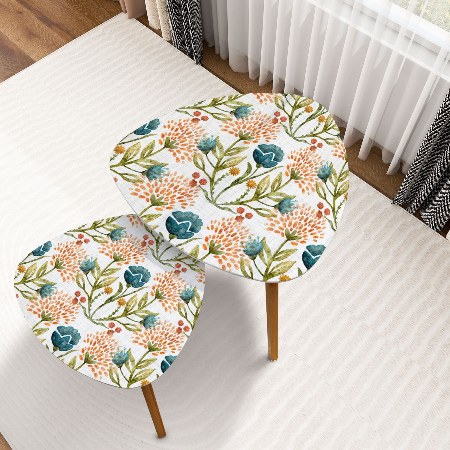 Triangle Nesting Coffee Table Set of 2 Watercolor flower motif Hand ...