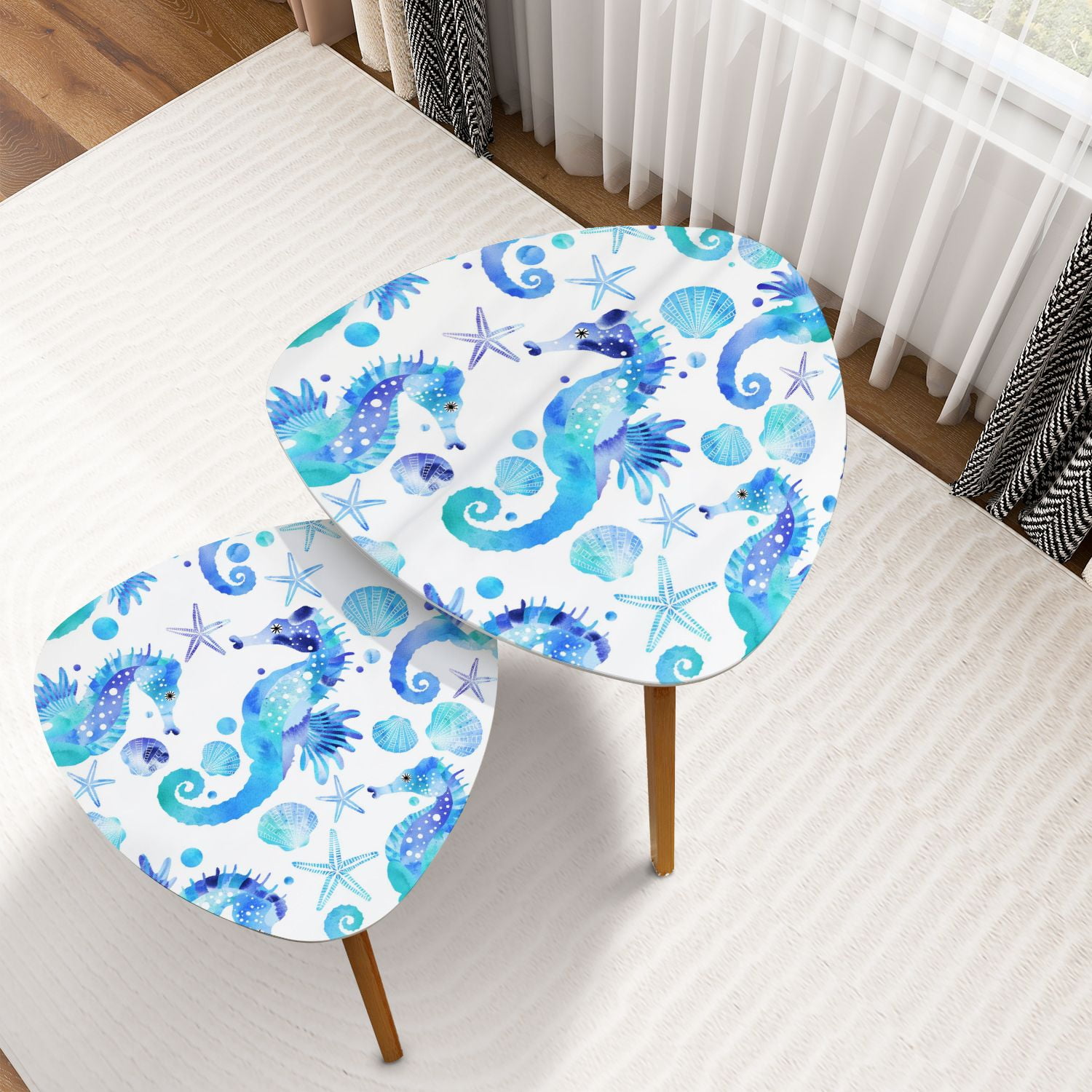 Triangle Nesting Coffee Table Set of 2 Watercolor seahorses starfishes ...