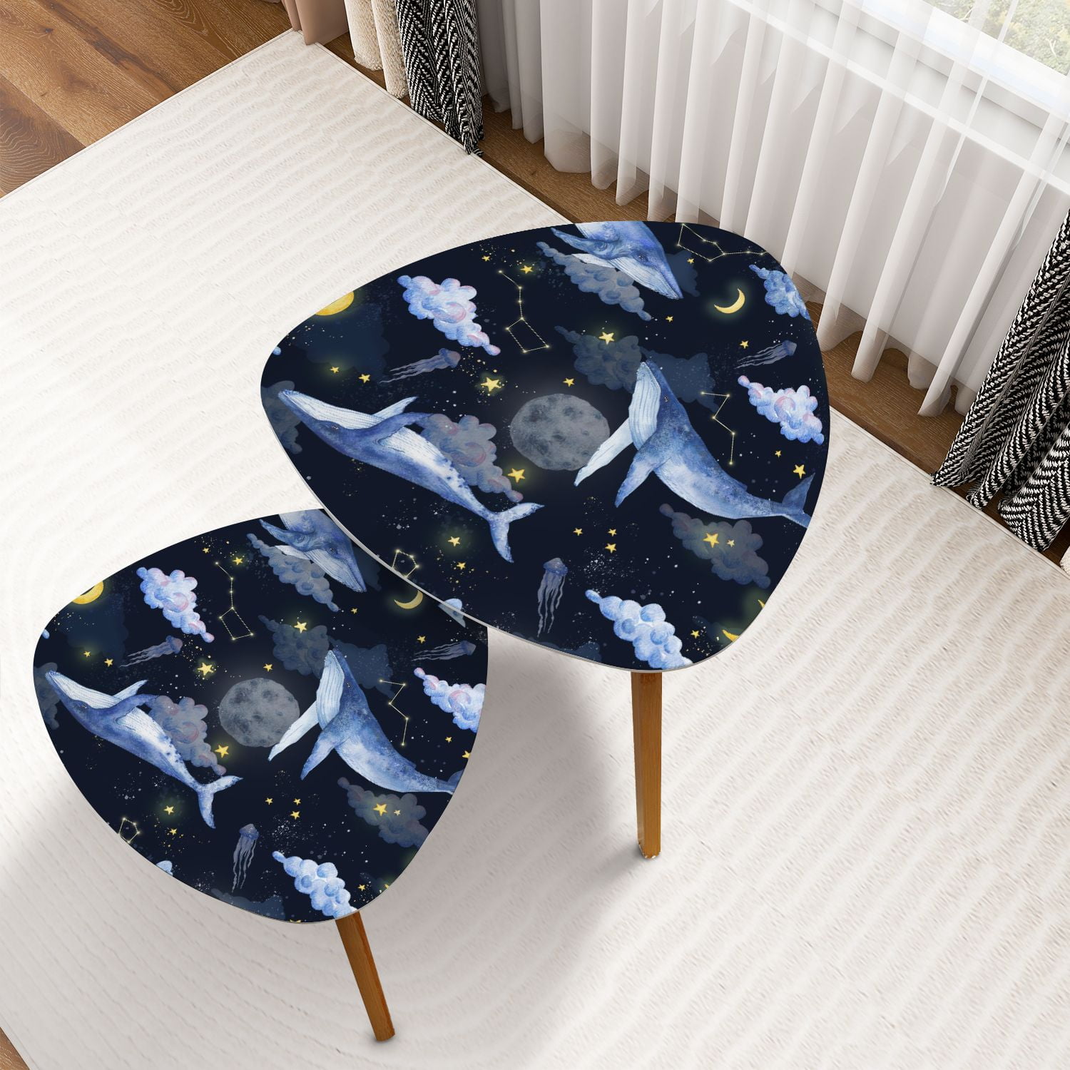Triangle Nesting Coffee Table Set of 2 Watercolor whales clouds moon ...