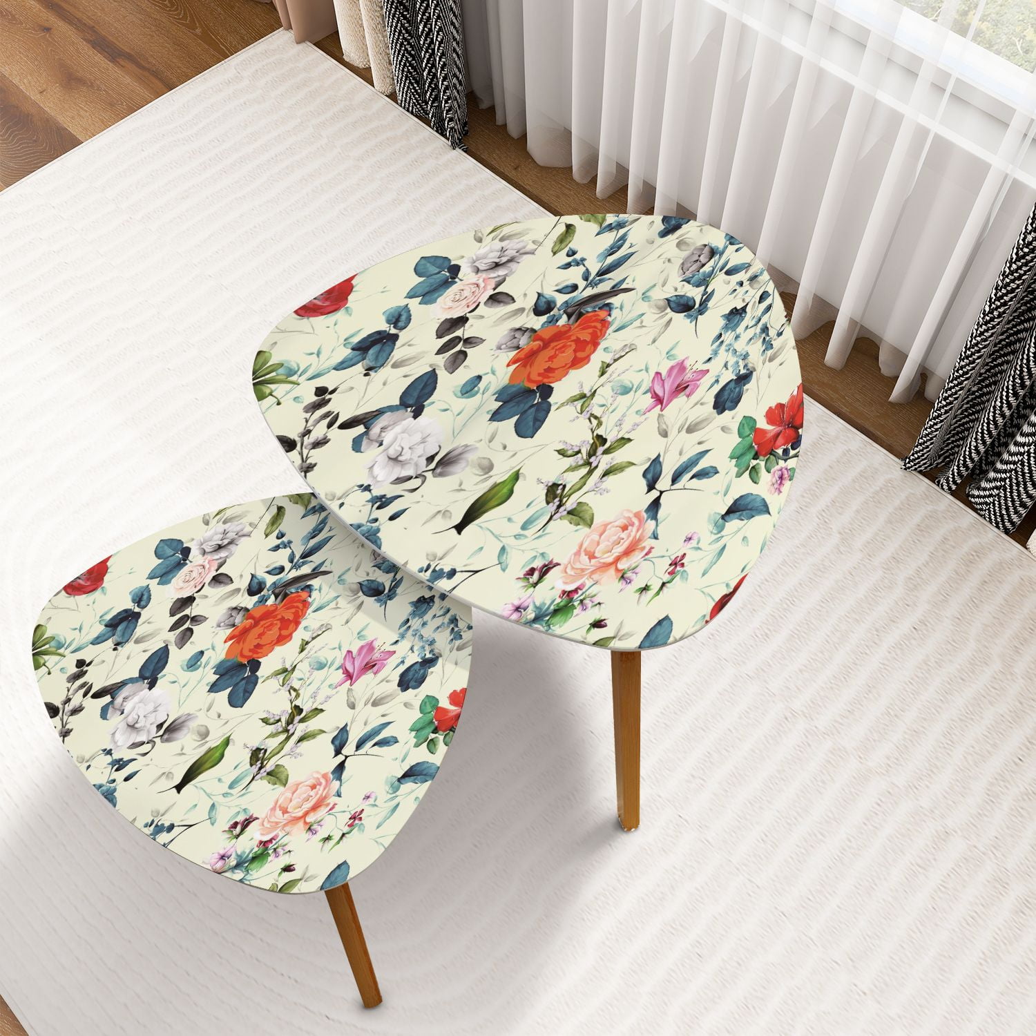 Triangle Nesting Coffee Table Set of 2 Wide vintage seamless pattern Rose magnolia peony wild ...