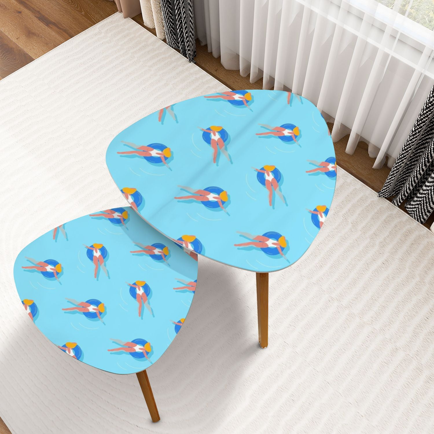 Triangle Nesting Coffee Table Set of 2 Woman swimming swim ring ...