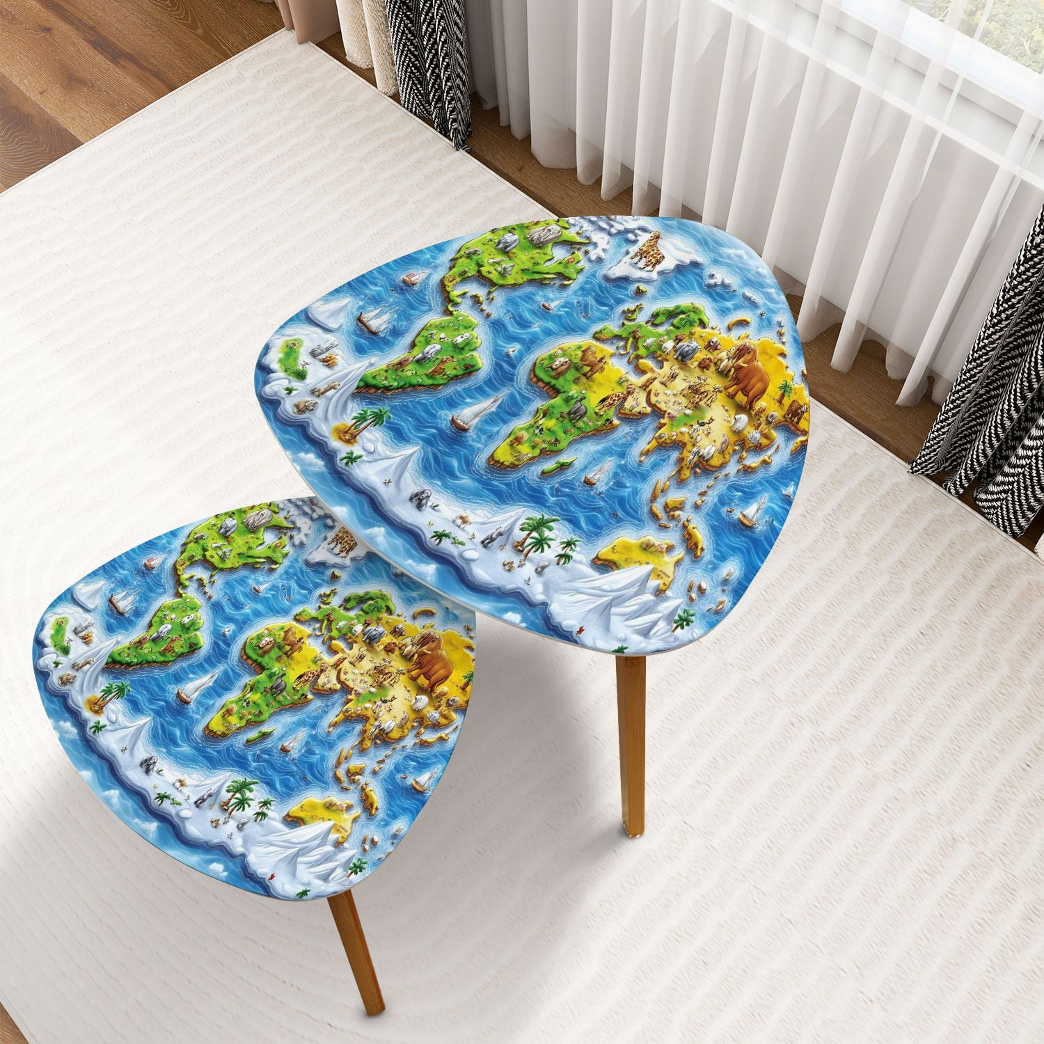 Triangle Nesting Coffee Table Set of 2 World Map Animals Continents ...