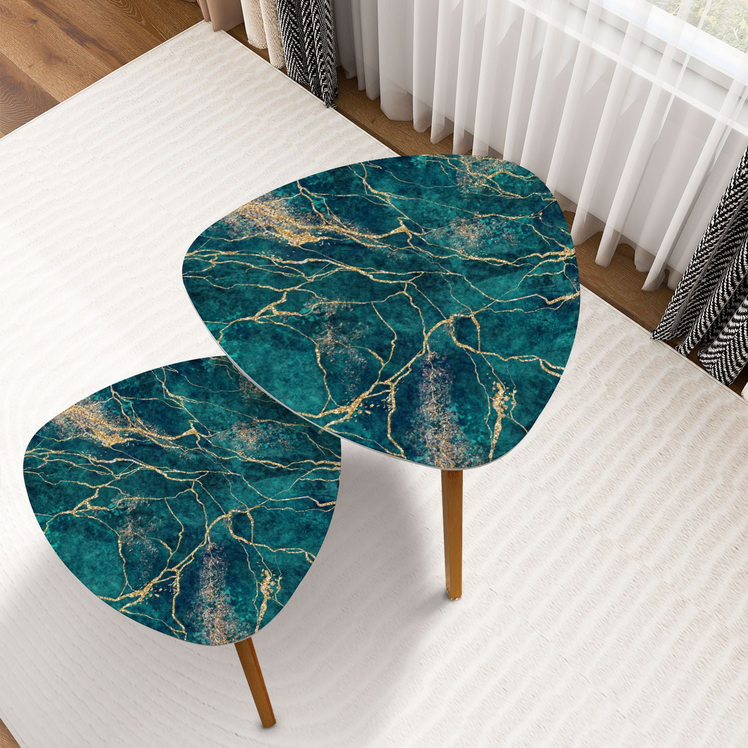 Triangle Nesting Coffee Table Set of 2 abstract malachite green marble ...