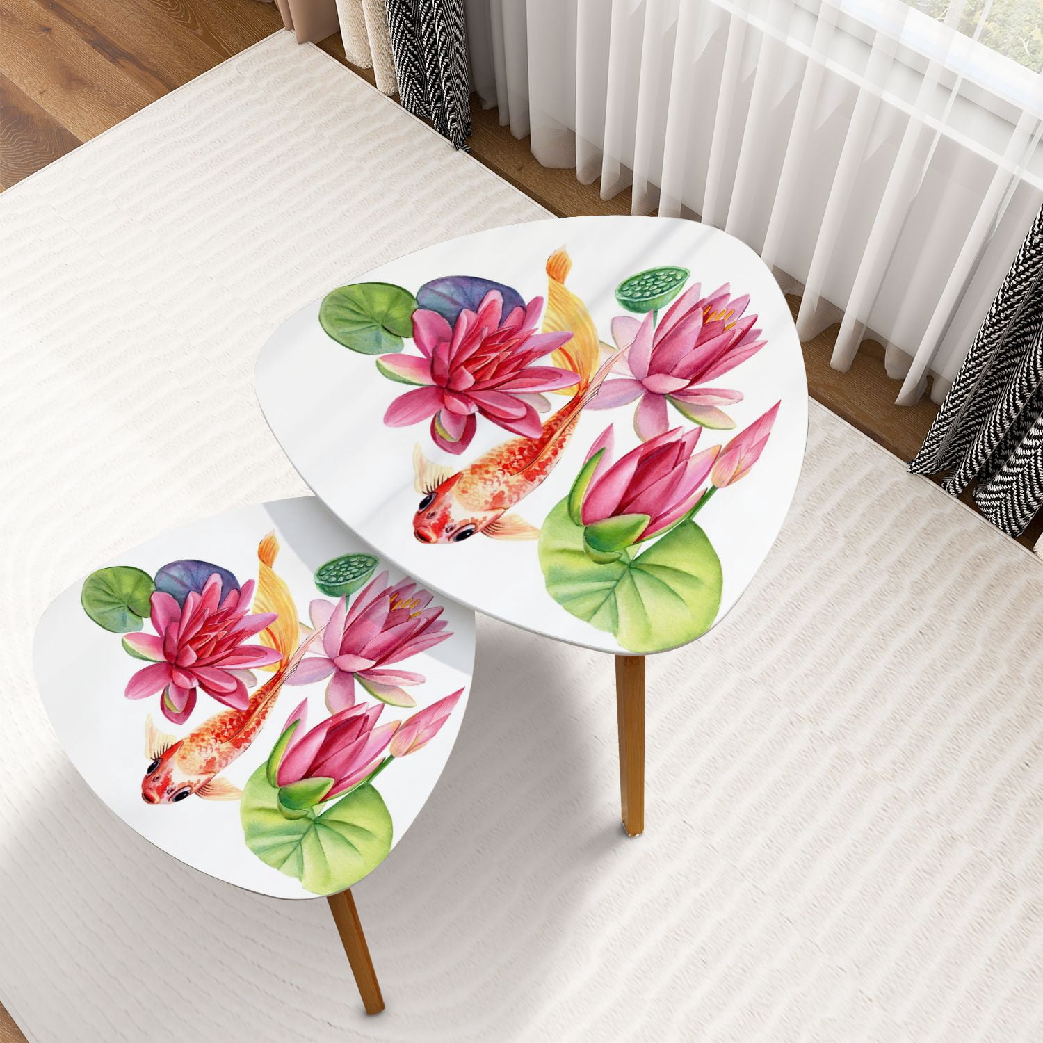Triangle Nesting Coffee Table Set of 2 beautiful flowers lotus fish ...