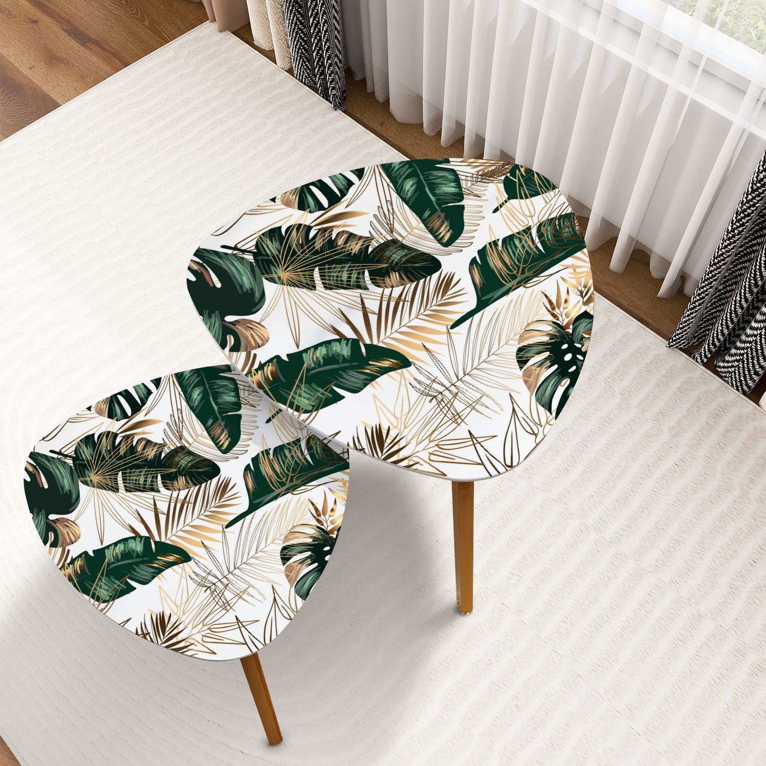 Triangle Nesting Coffee Table Set of 2 golden green tropical leaves ...