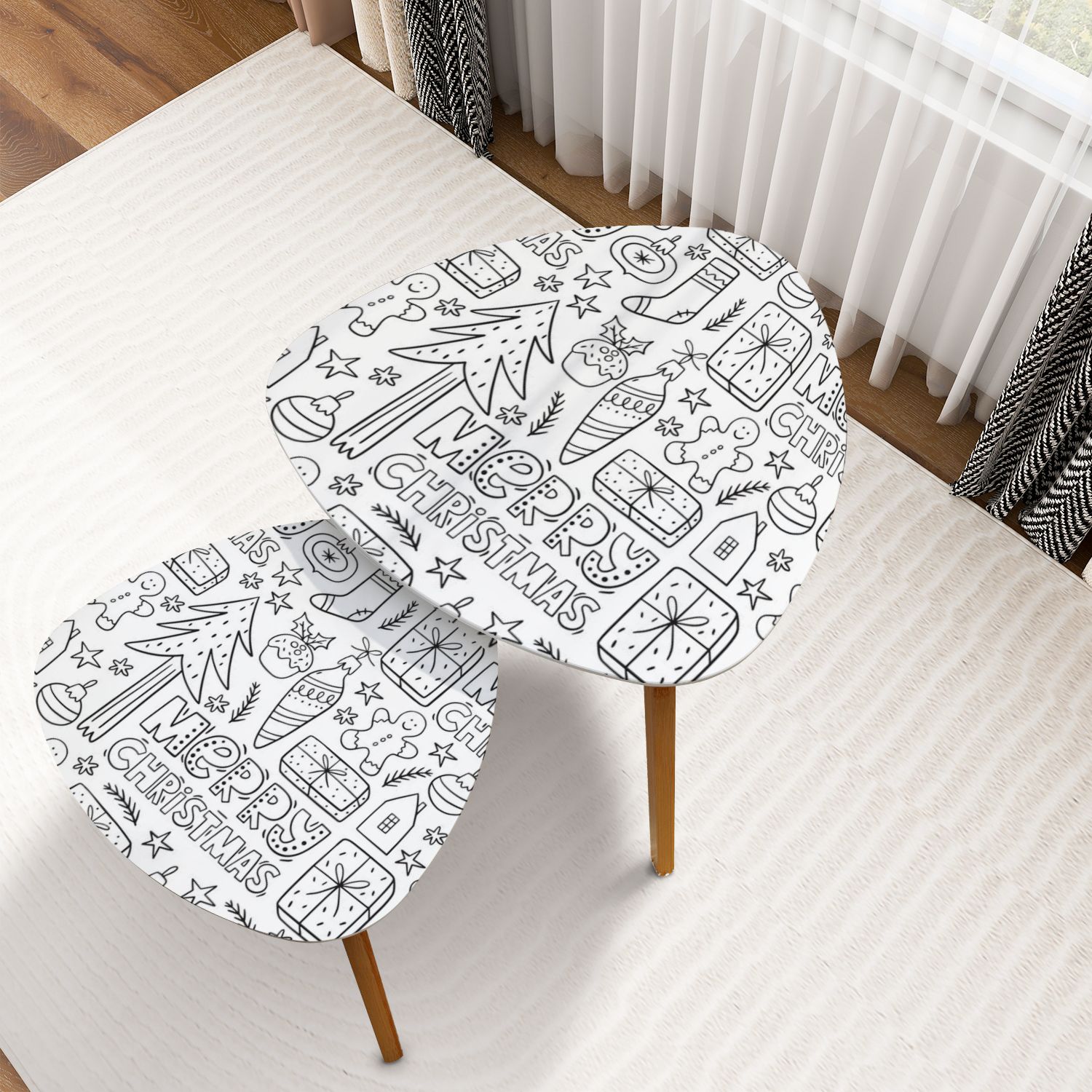 Triangle Nesting Coffee Table Set of 2 hand drawn Doodle cartoon ...