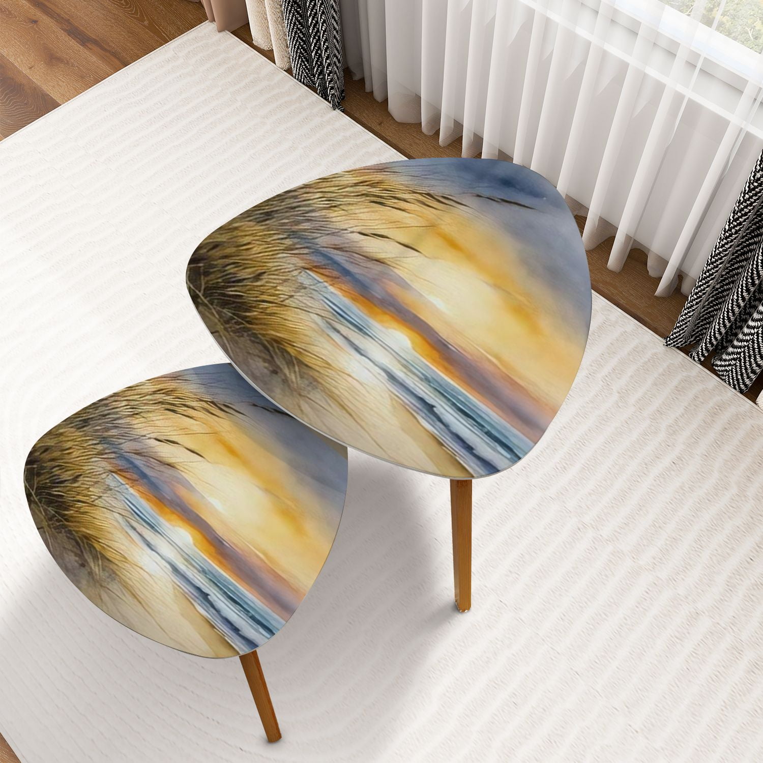 Triangle Nesting Coffee Table Set of 2 hand drawn watercolor beach ...