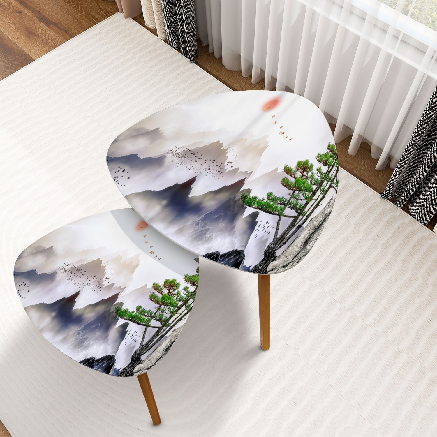 Triangle Nesting Coffee Table Set of 2 landscape painting pine trees ...
