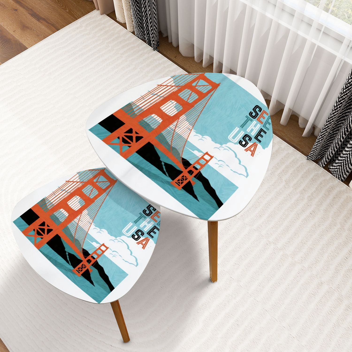 Triangle Nesting Coffee Table Set of 2 retro style travel poster design ...