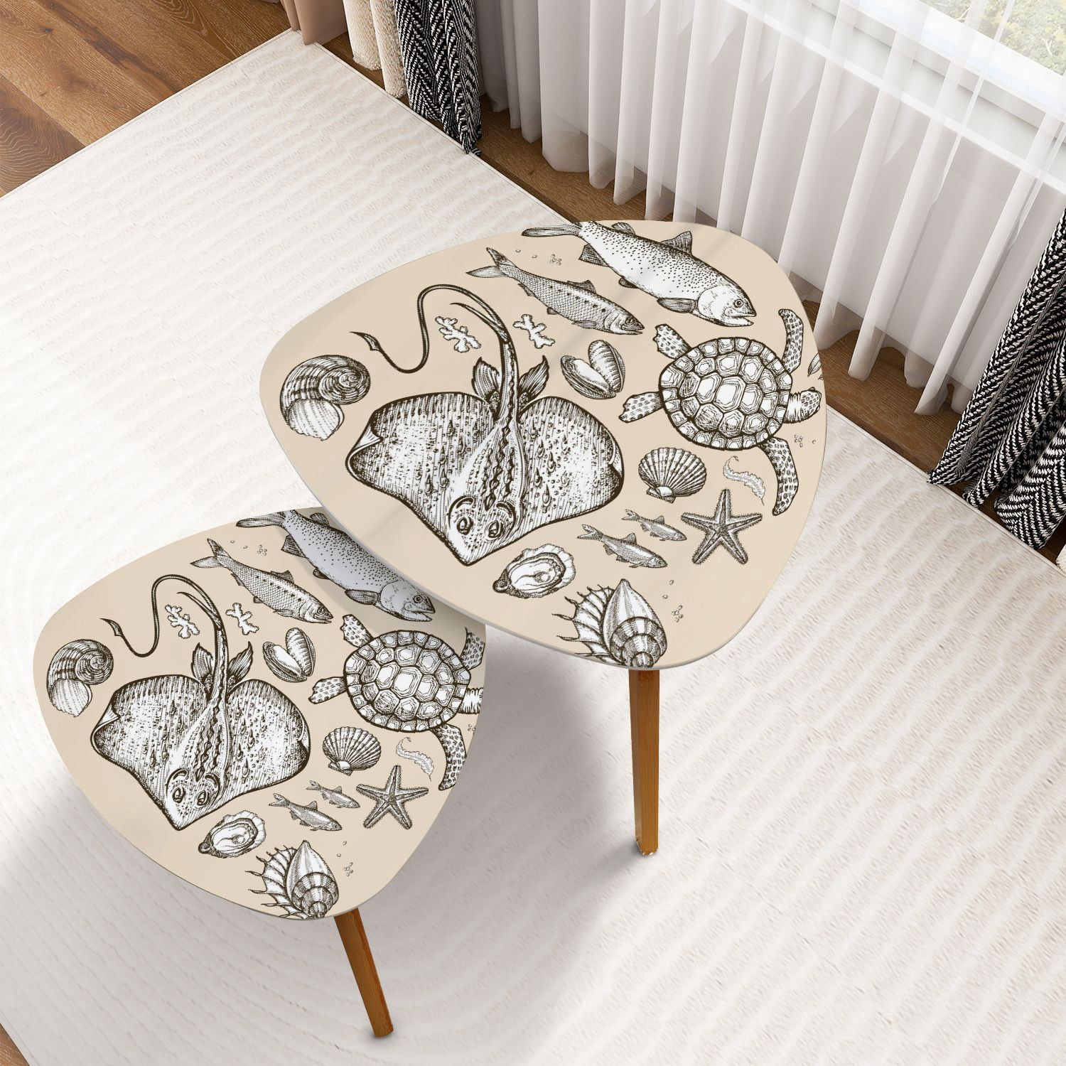 Triangle Nesting Coffee Table Set of 2 sea animals hand drawn sketches ...