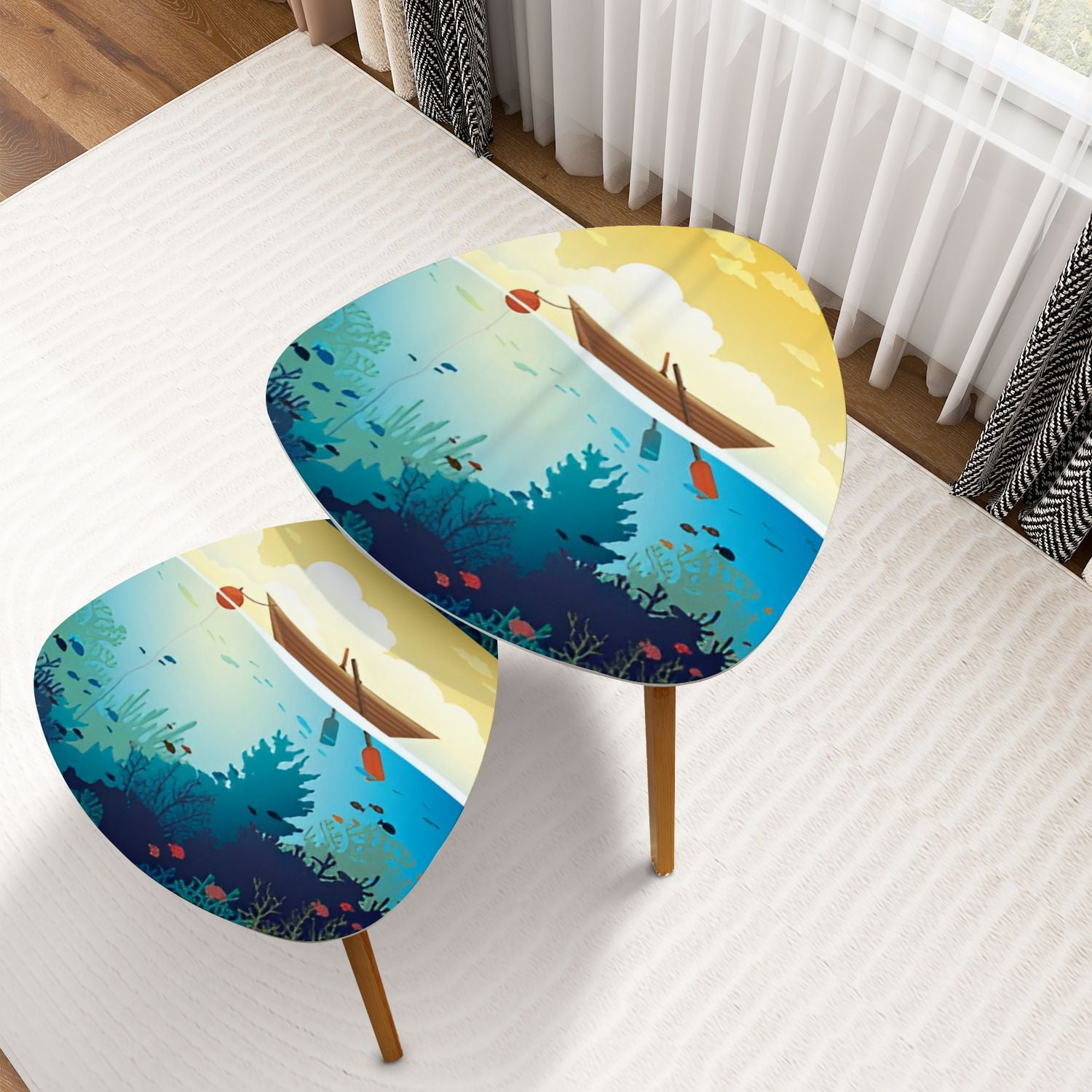 Triangle Nesting Coffee Table Set of 2 seascape wooden boat sunset sky ...