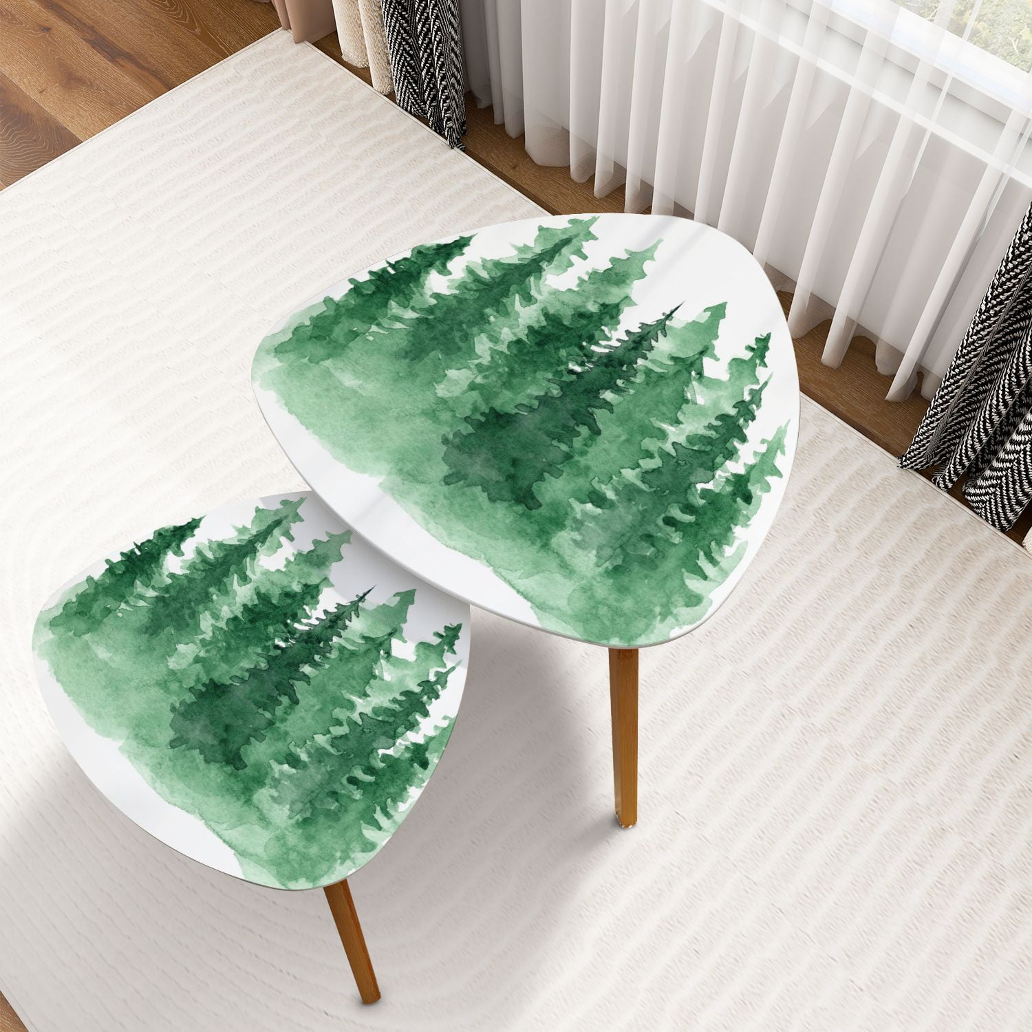 Triangle Nesting Coffee Table Set of 2 watercolor green coniferous ...