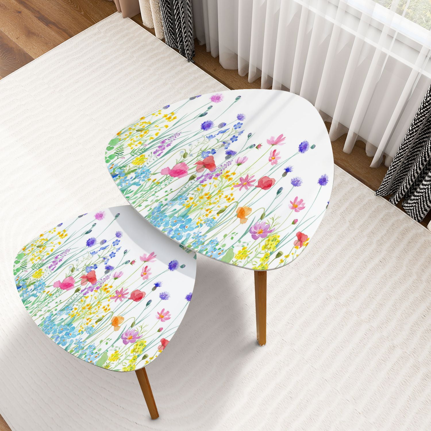 Triangle Nesting Coffee Table Set of 2 watercolor spring field where various flowers are full ...