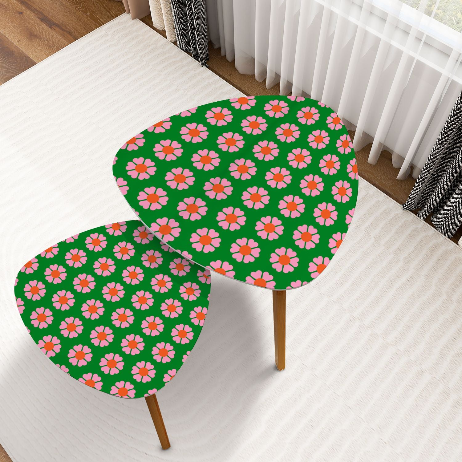 Triangle Nesting Coffee Table Set of 2 70s retro vintage green pink ...