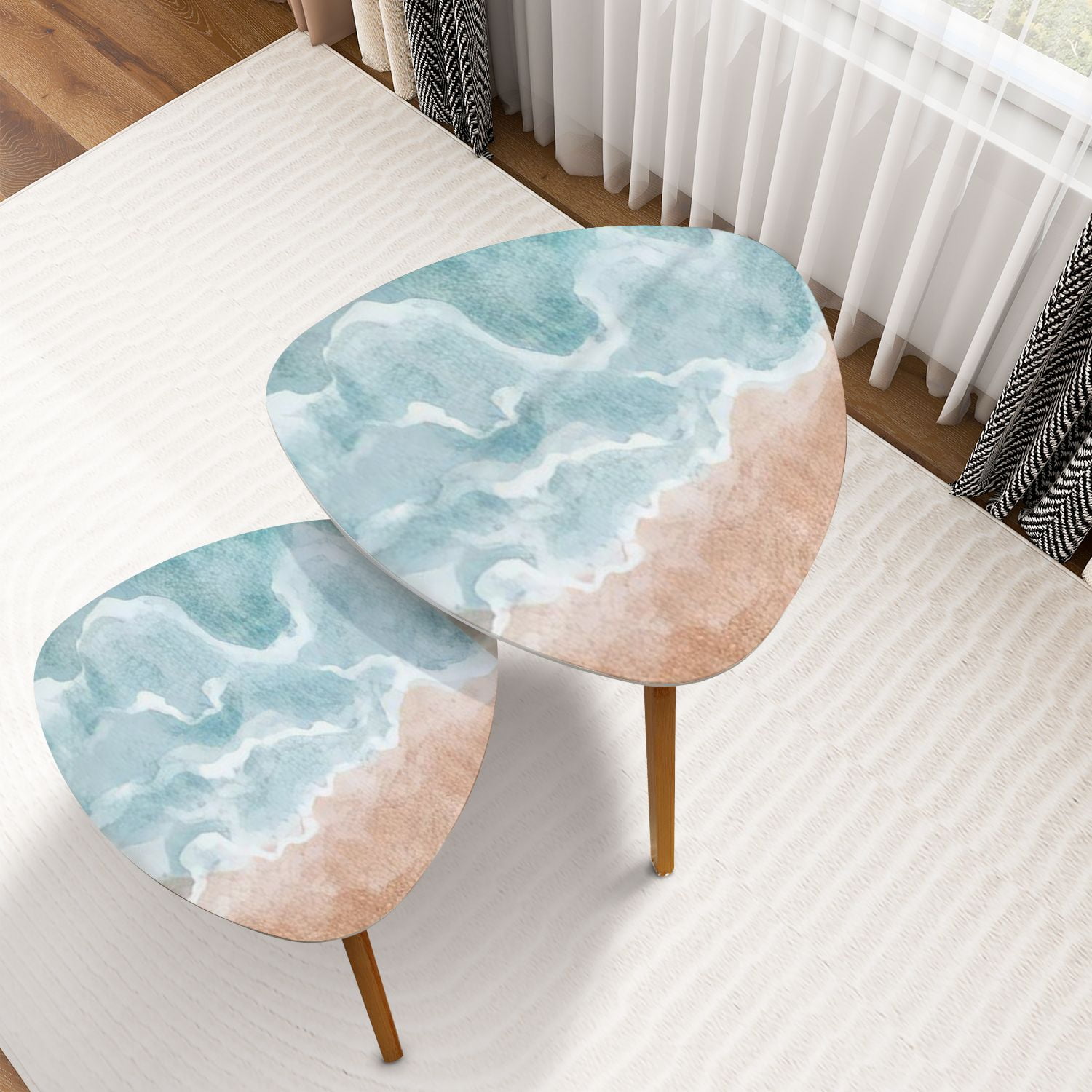 Triangle Nesting Coffee Table Set of 2 Boho Sea Beach Print Abstract ...