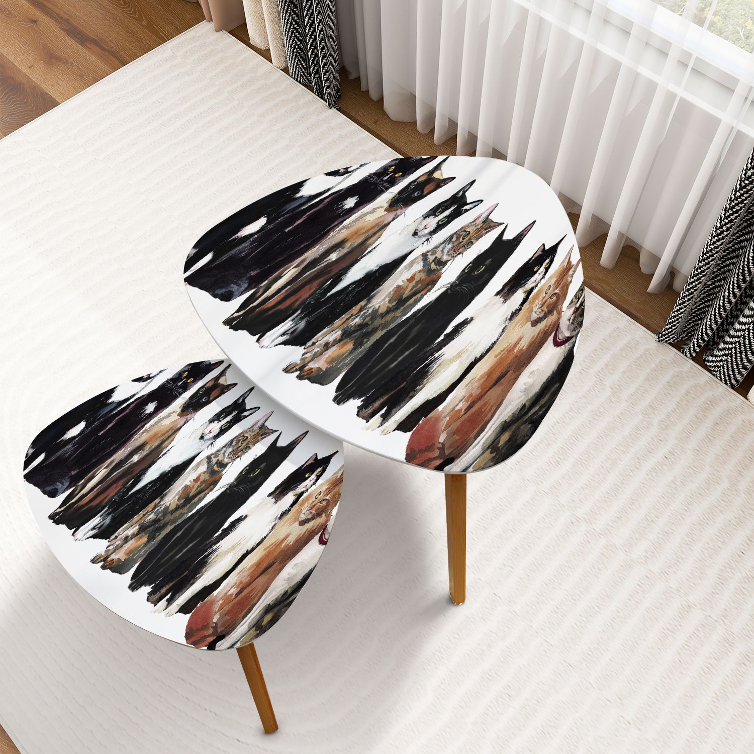 Triangle Nesting Coffee Table Set of 2 Cats Watercolor Border White End ...