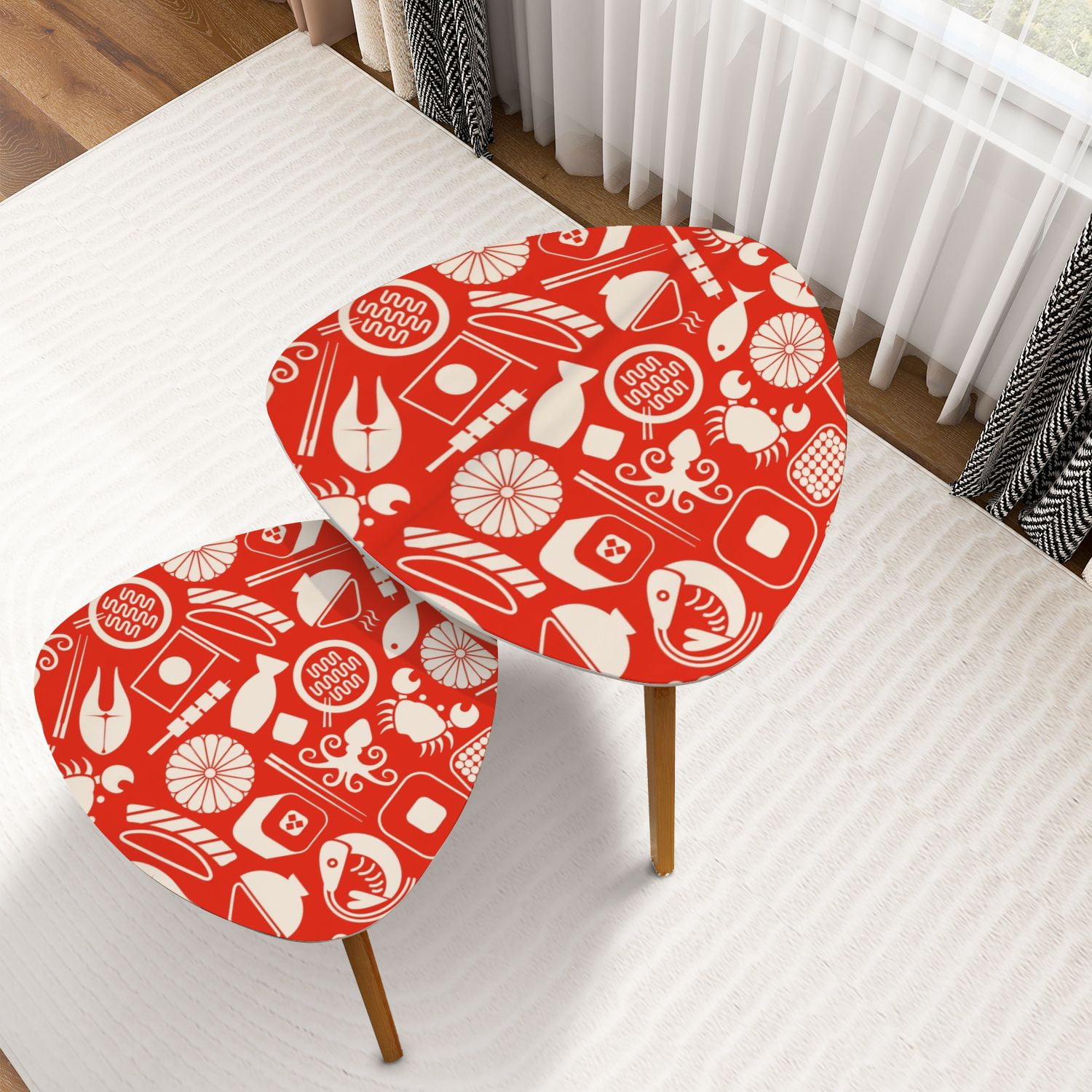 Triangle Nesting Coffee Table Set of 2 Japanese food seamless pattern red End Table Modern ...