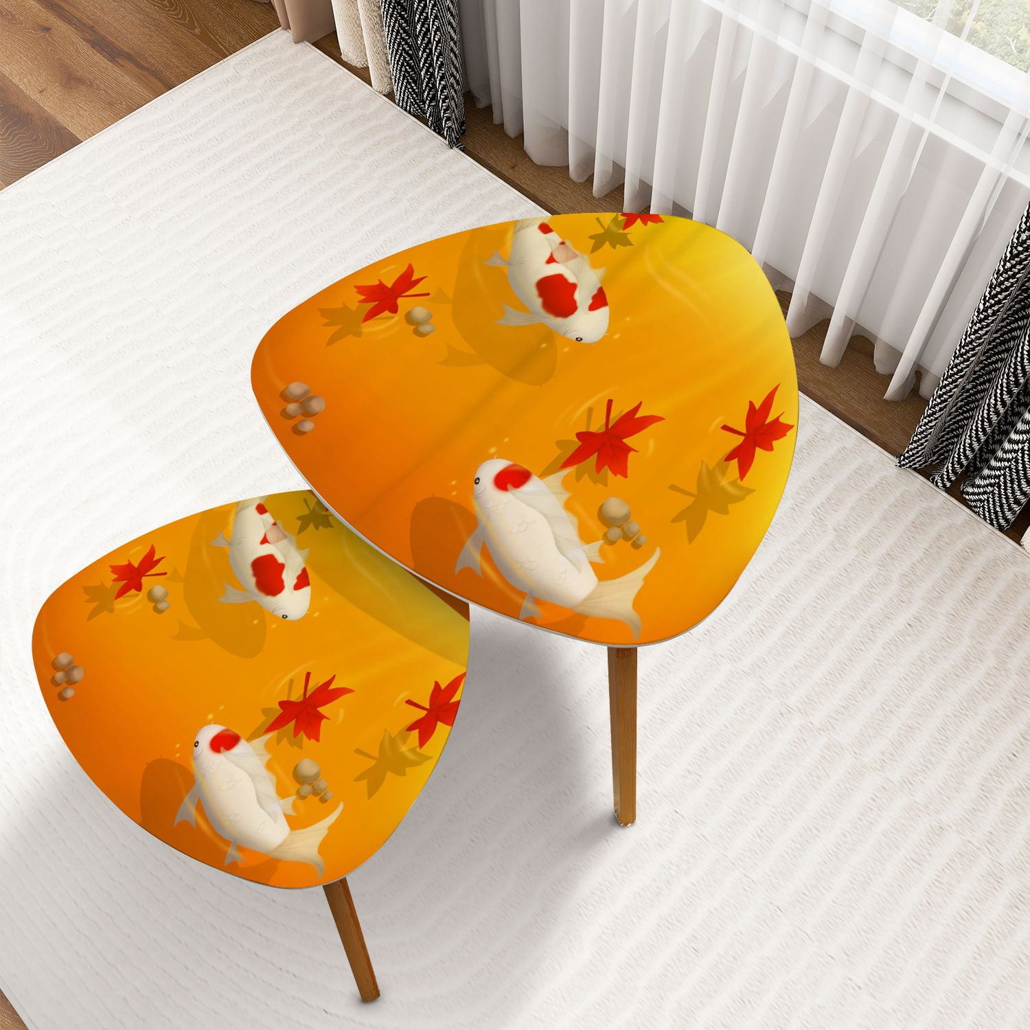 Triangle Nesting Coffee Table Set of 2 Koi fishes autumn season End ...