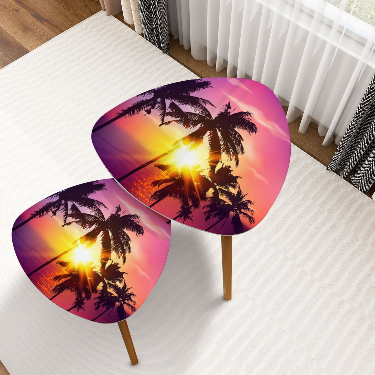 Triangle Nesting Coffee Table Set of 2 Palm silhouettes summer sunset ...