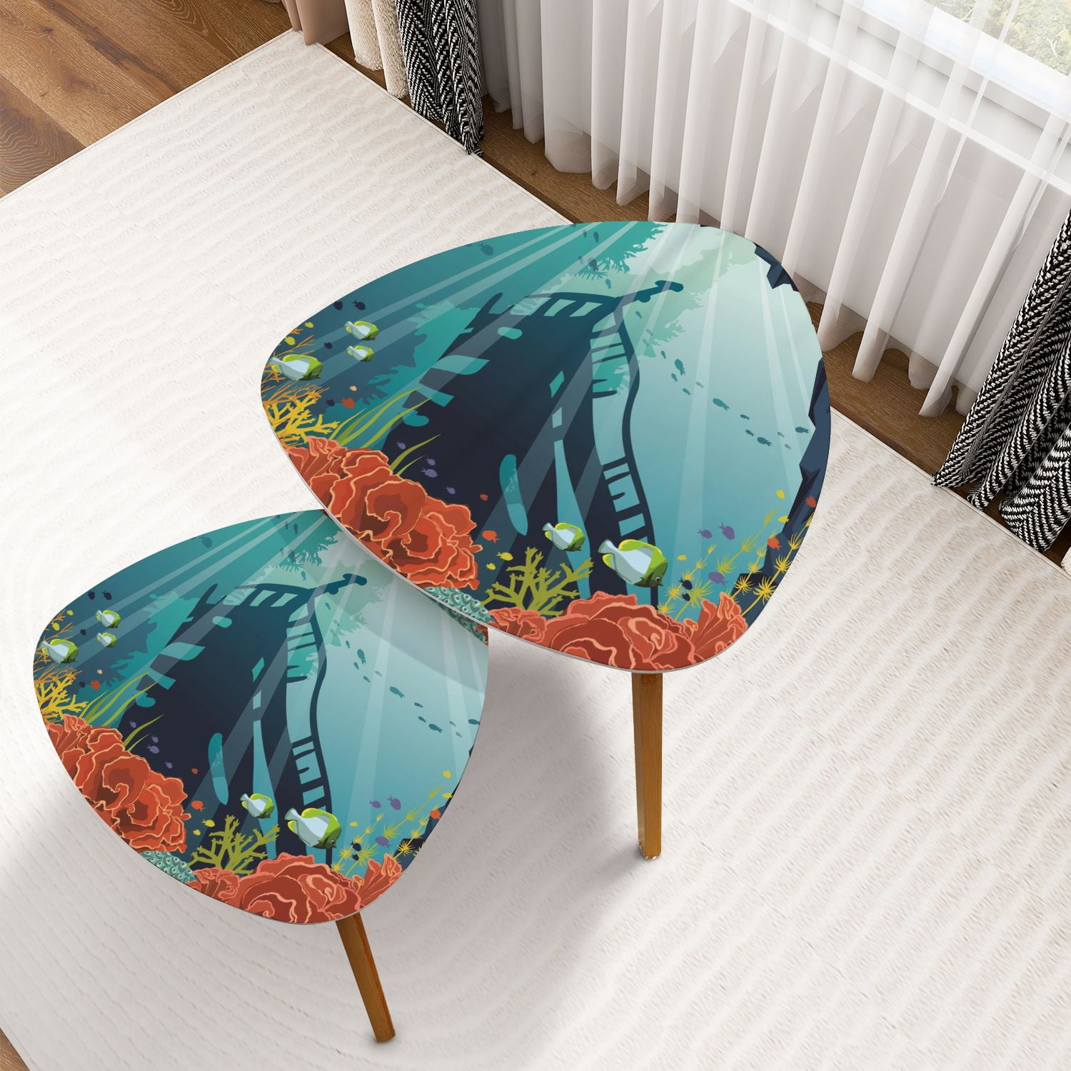 Triangle Nesting Coffee Table Set of 2 Underwater sea sunken ship ...
